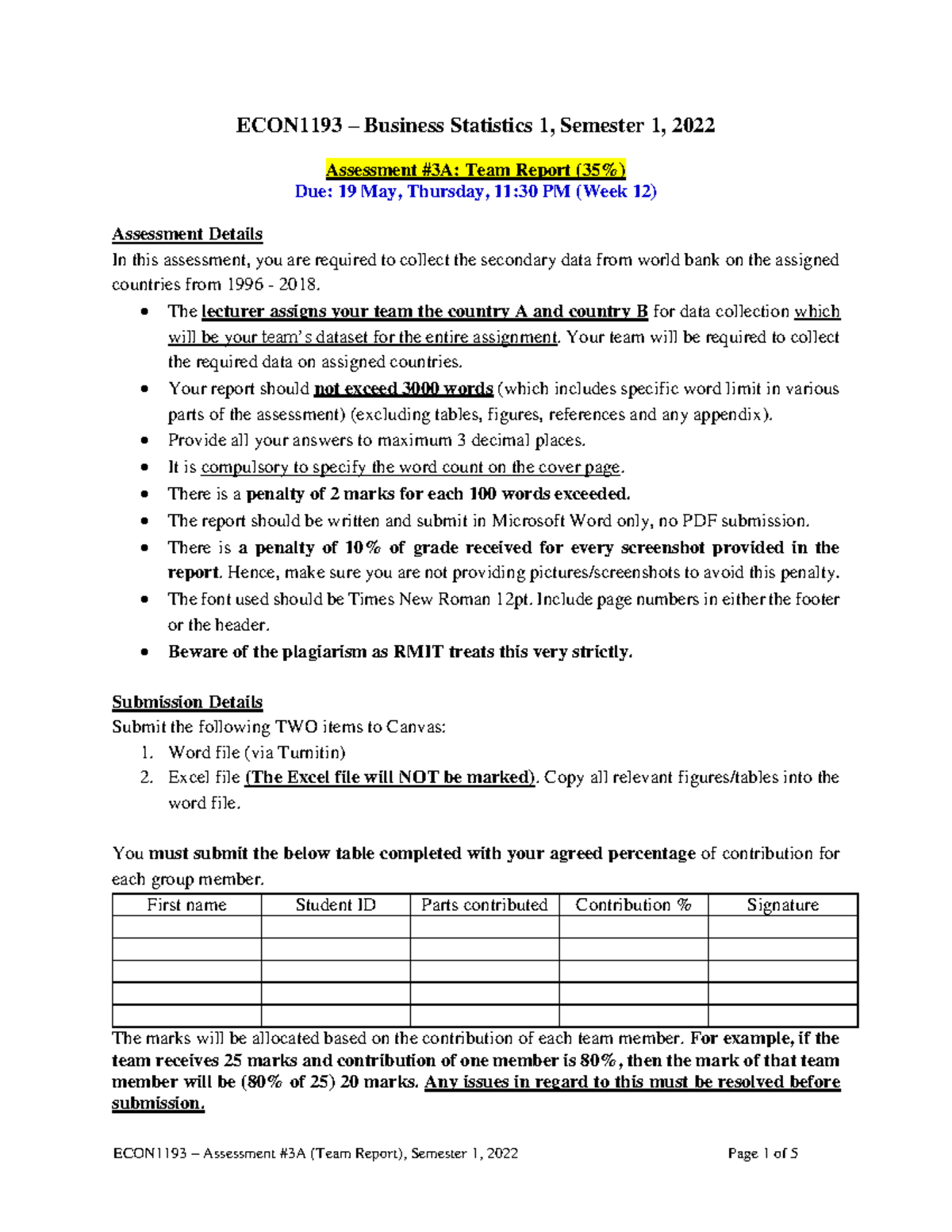 Assessment #3A 2022s1 (Team Report) - ECON1193 – Business Statistics 1 ...
