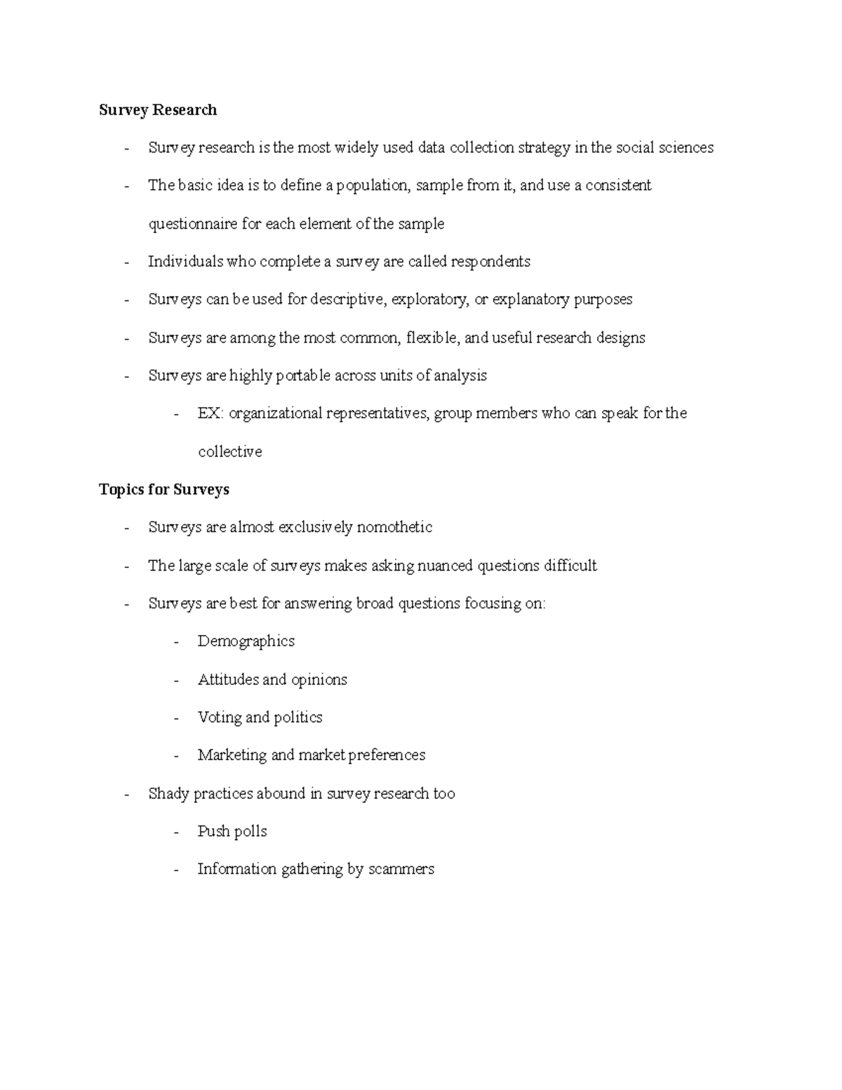 Week 9 Notes - Surveys - Survey Research - Survey research is the most ...