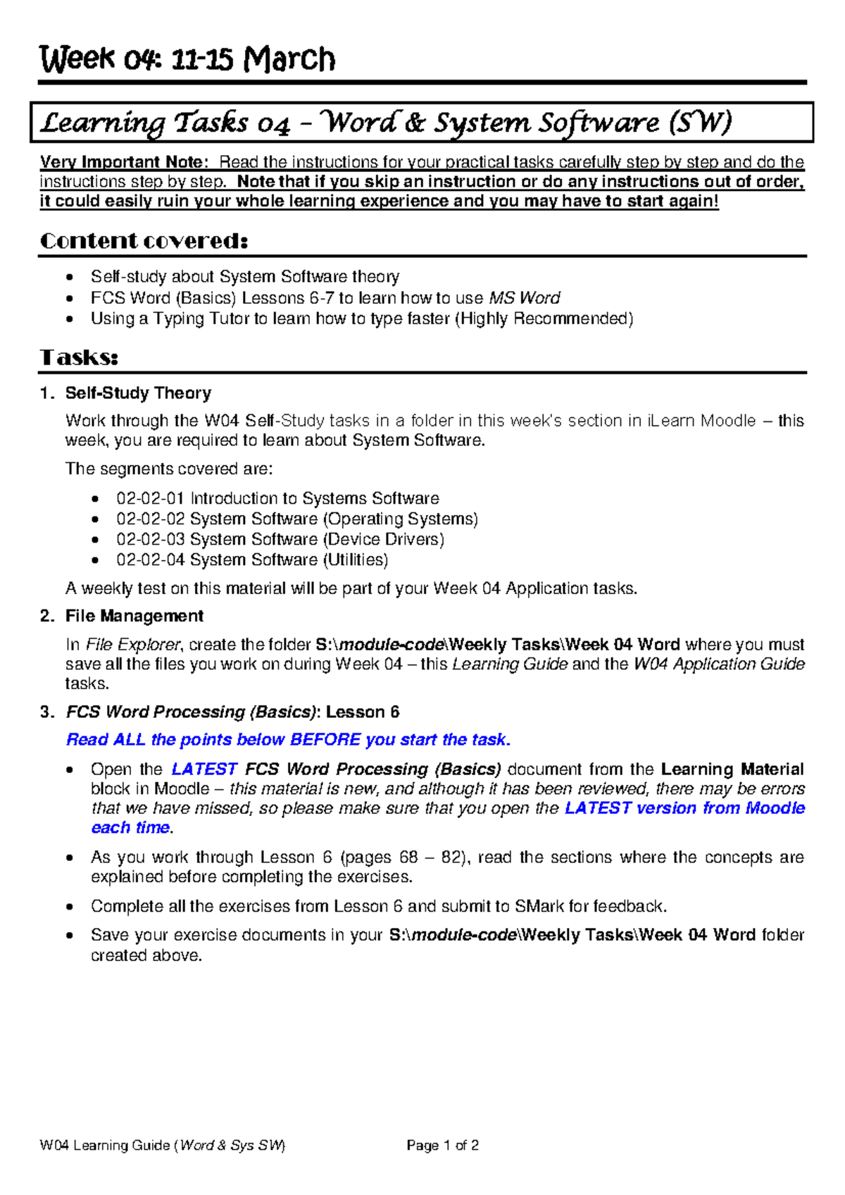 W04 WRFV-BSW Learning Guide (System SW Word) - W04 Learning Guide (Word ...