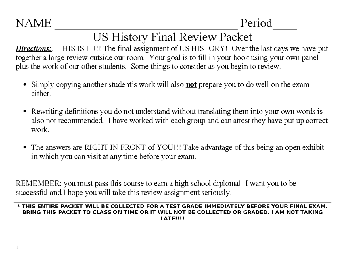 Us history final review packet - NAME ...