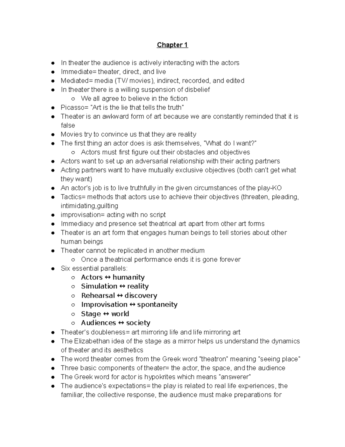 Theater 102 Textbook Notes - Chapter 1 In theater the audience is ...