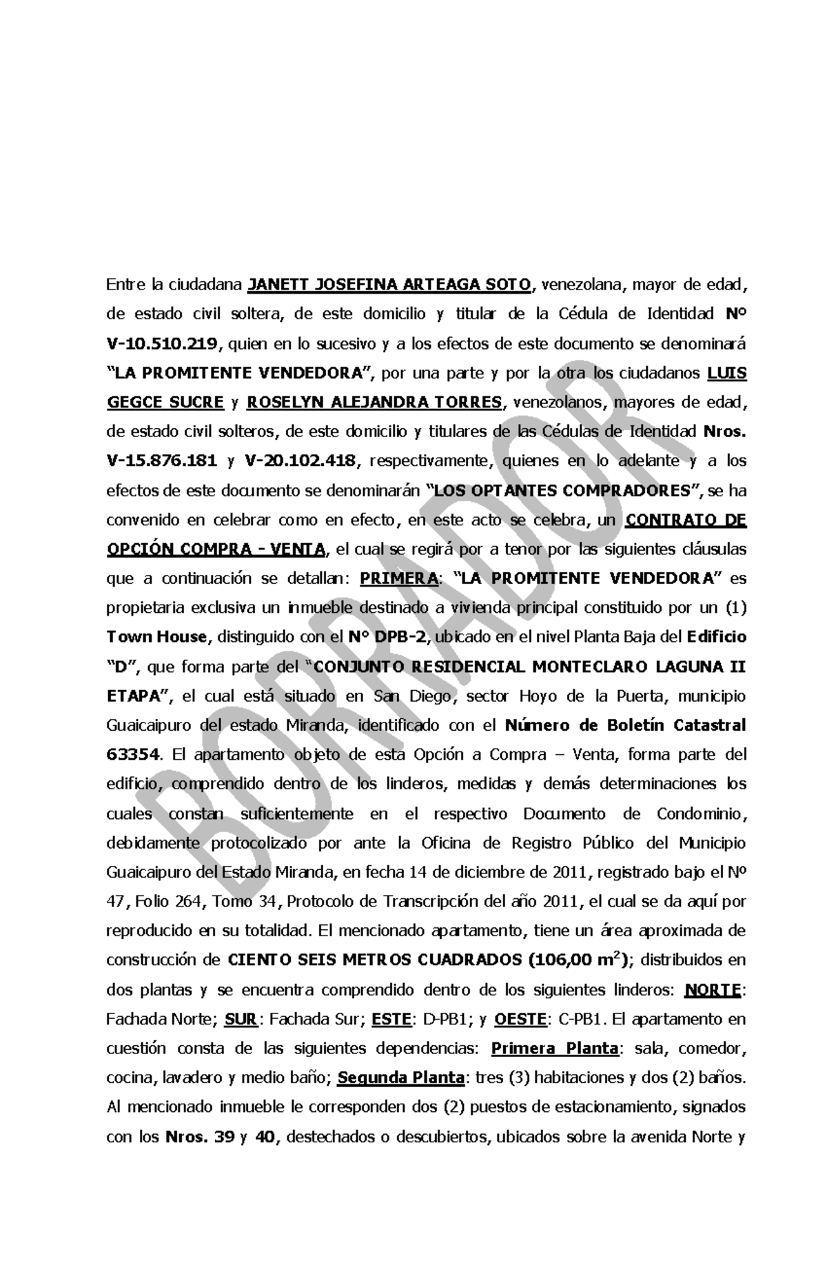 Contrato Opción a Compra - Venta Luis - Janett Borrador - Entre la ...