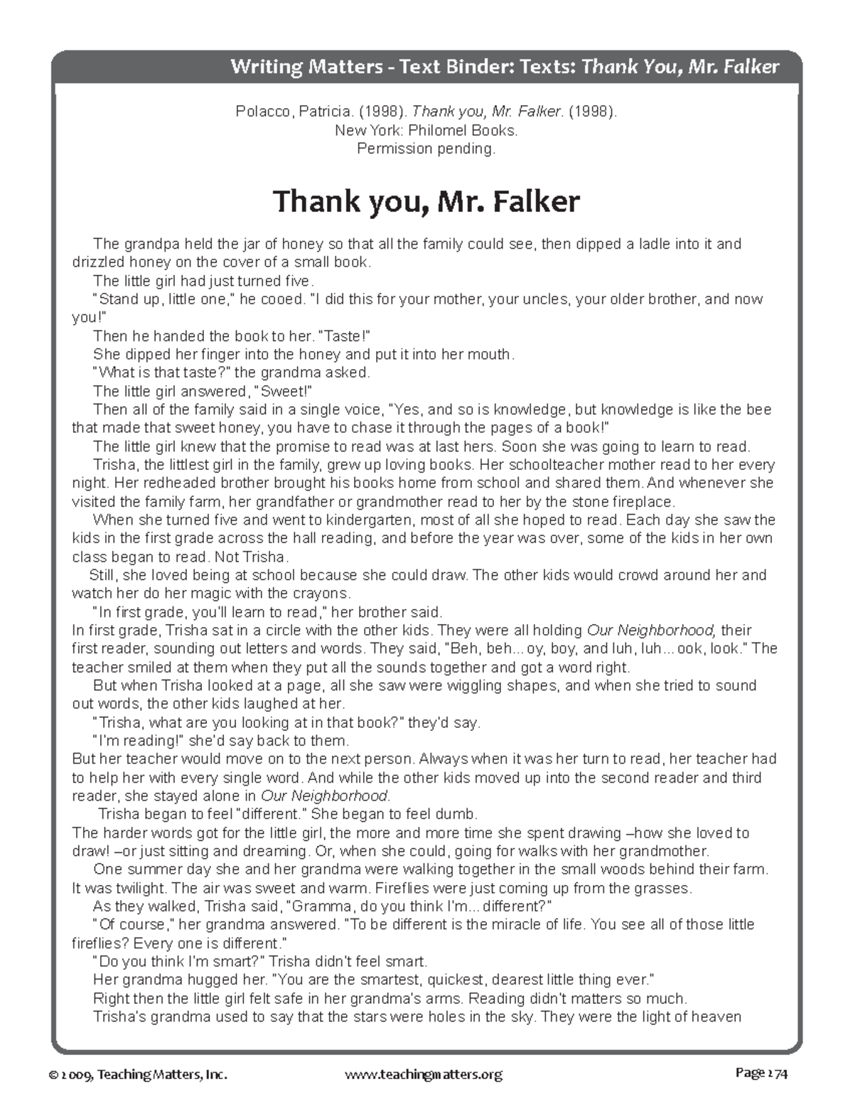 Thank you falker - fwes - Polacco, Patricia. (1998). Thank you, Mr ...