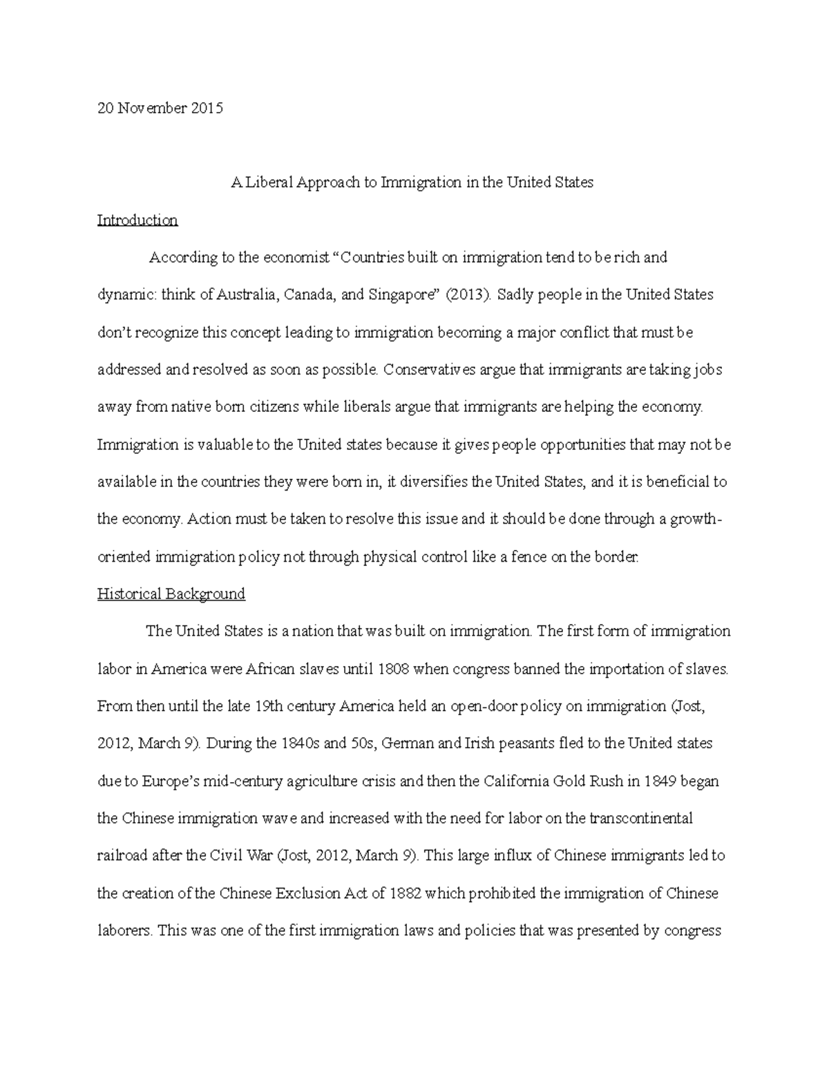 Immigration paper - Grade: A - 20 November 2015 A Liberal Approach to ...