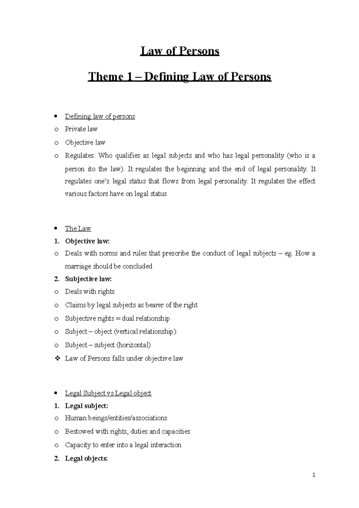 Law of Persons Summaries - week 1-13 Final - Law of Persons Theme 1 ...
