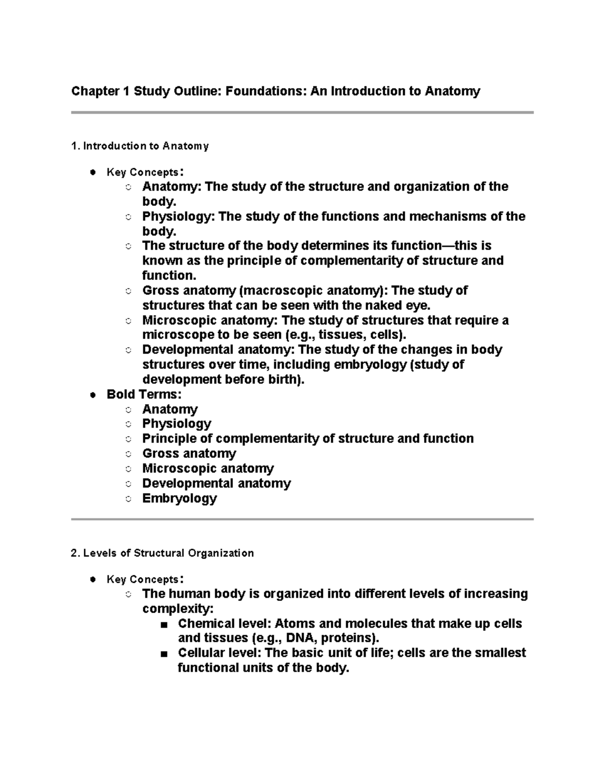 Study Guide FOR anatomy Final - Chapter 1 Study Outline: Foundations ...