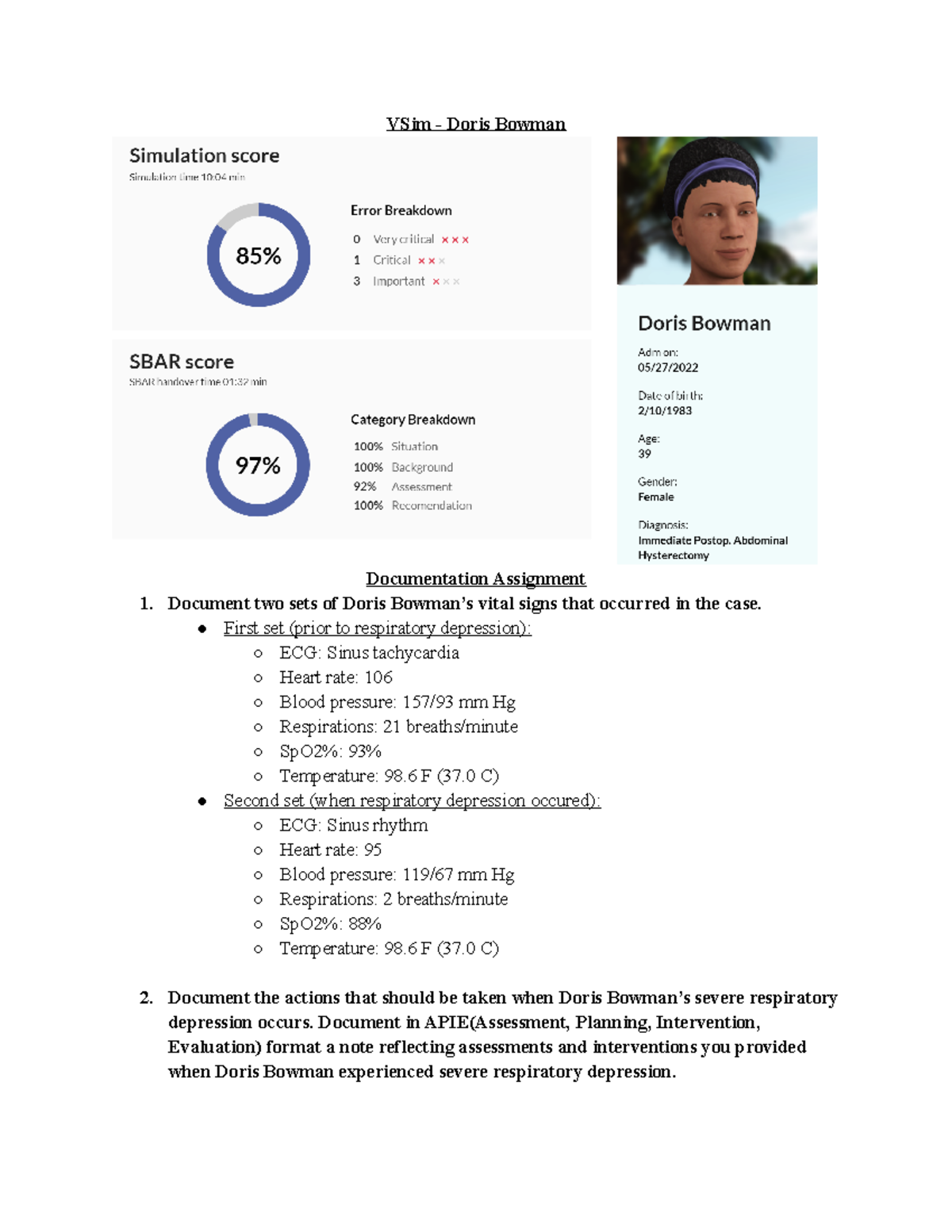 Doris Bowman VSim - Documentation & Guided Reflection Questions - VSim ... Doris Bowman VSim - Documentation & Guided Reflection Questions - VSim ...
