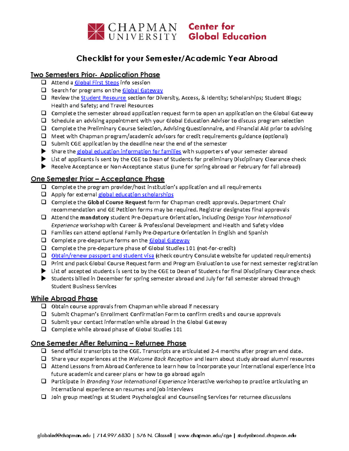 Semester Abroad Checklist - Checklist for your Semester/Academic Year ...