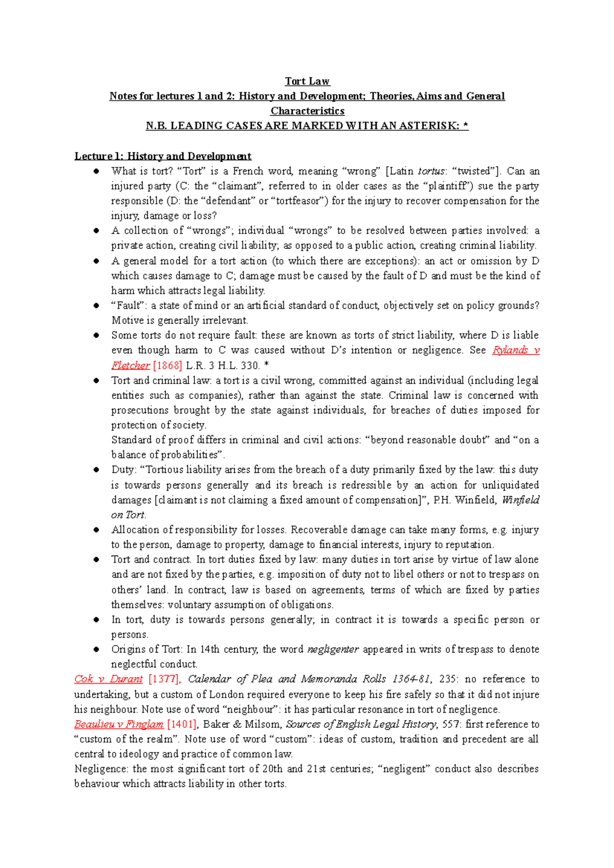 All Tort Notes Year One - Tort Law Notes for lectures 1 and 2: History ...