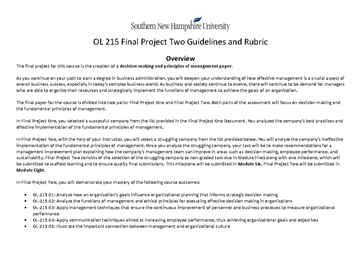 OL 215 Final Project Two Guidelines and Rubric - As you continue on your path to earn a degree ...