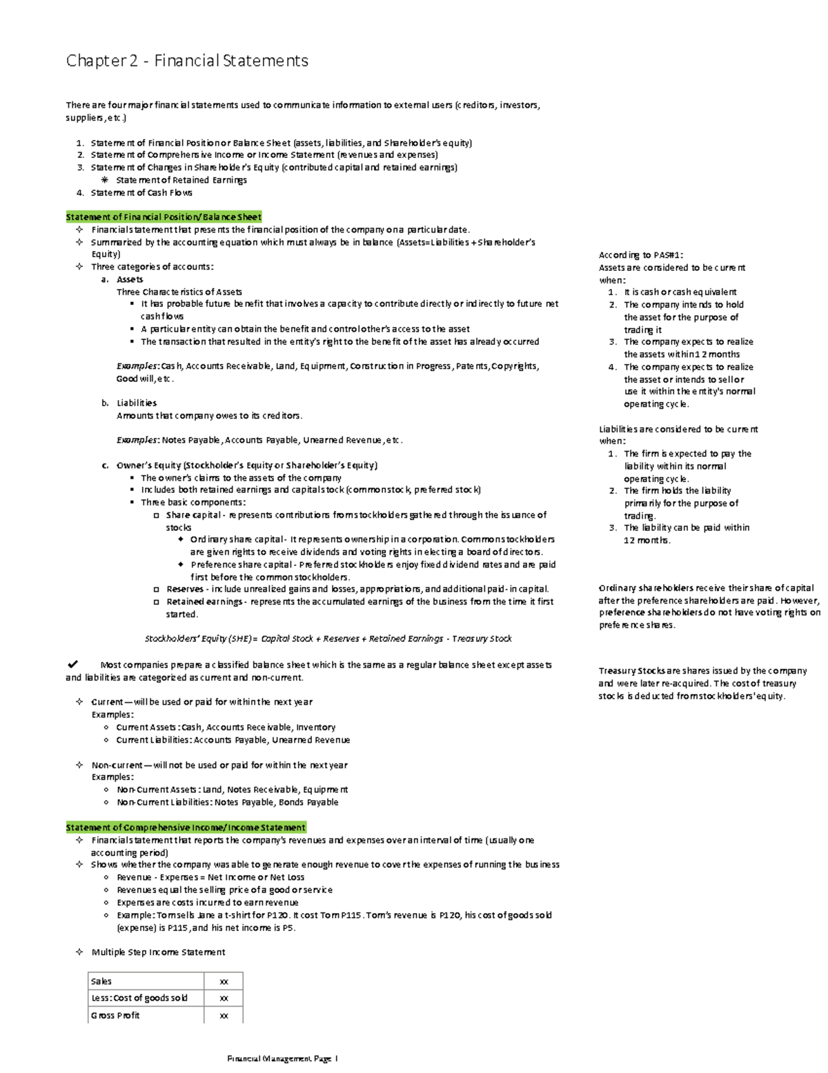 Financial Statements - Chapter 1 (introduction) - There are four major ...