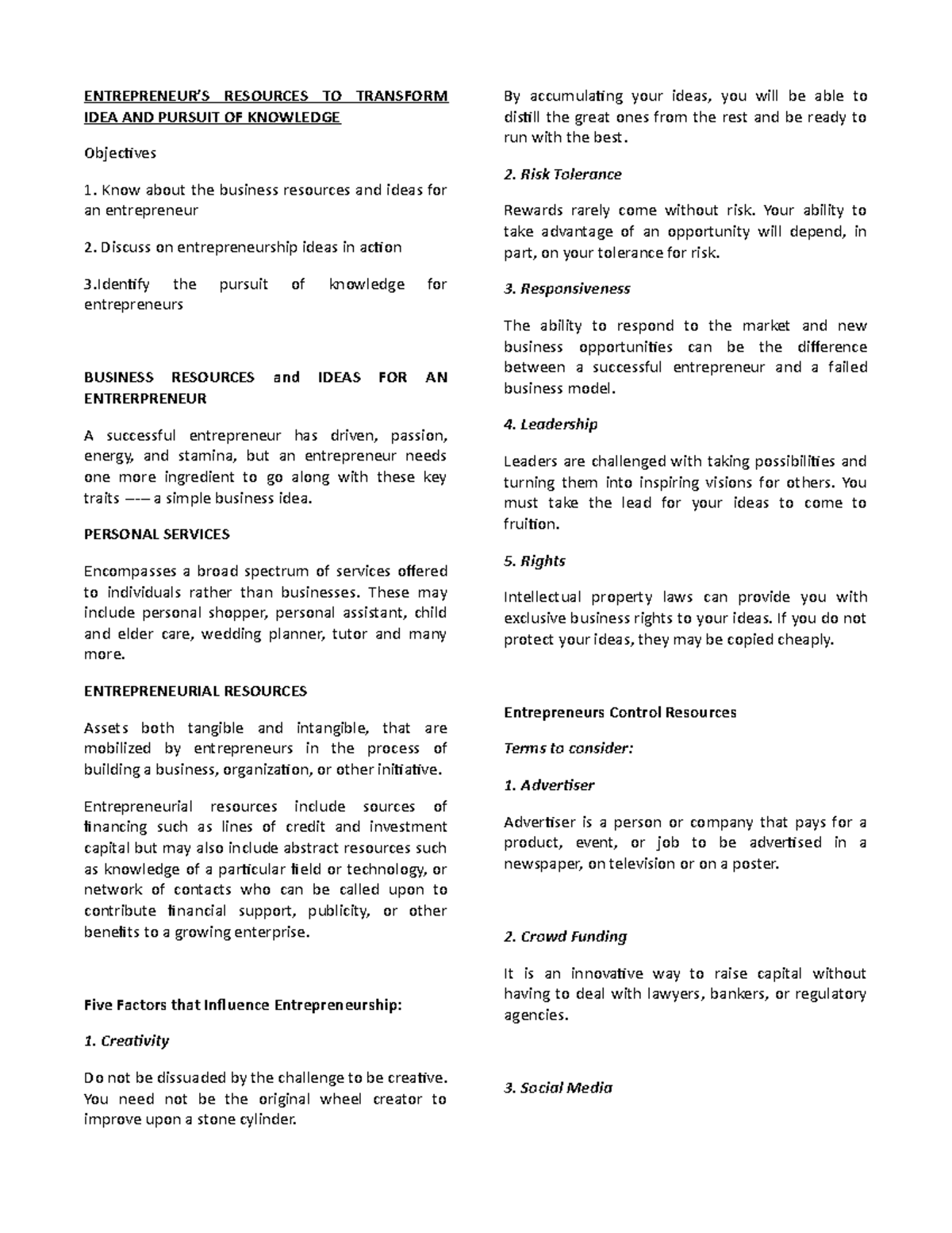 ENT - Lesson 4 - ENTREPRENEUR’S RESOURCES TO TRANSFORM IDEA AND PURSUIT ...