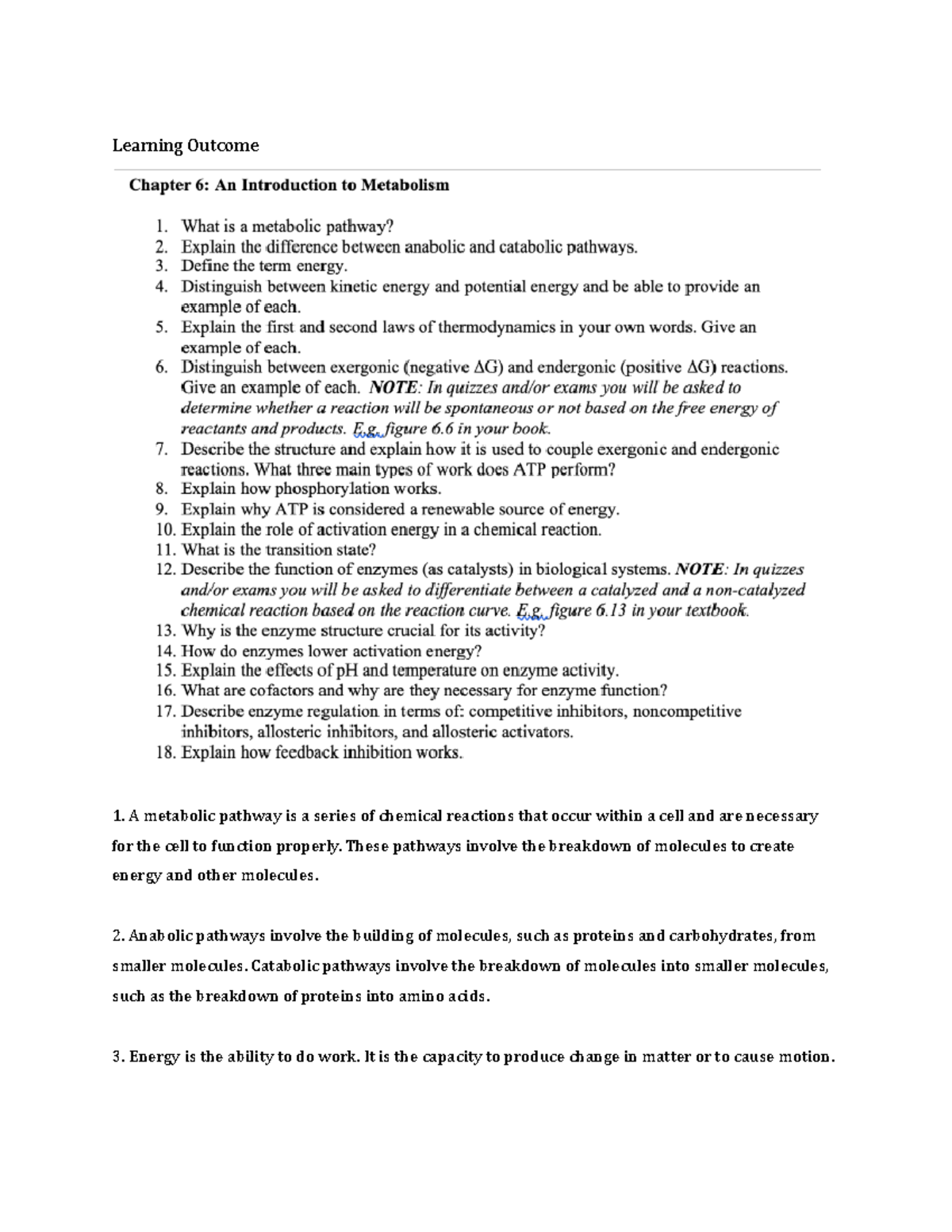 Chapter 6 Learning Outcomes - Learning Outcome A metabolic pathway is a ...