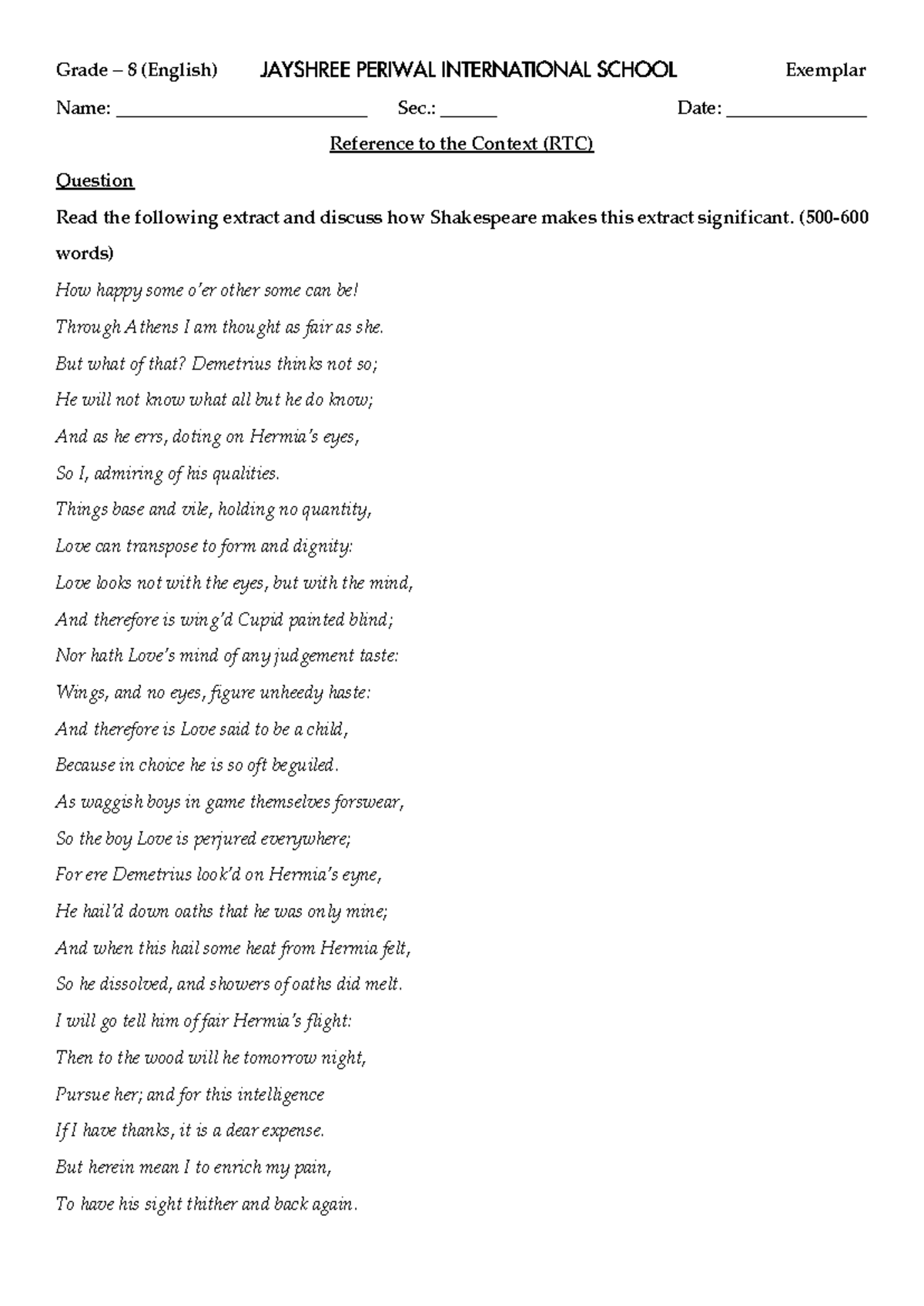 Exemplar - RTC- Helena's soliloquy - 29 - Grade – 8 (English) Exemplar ...
