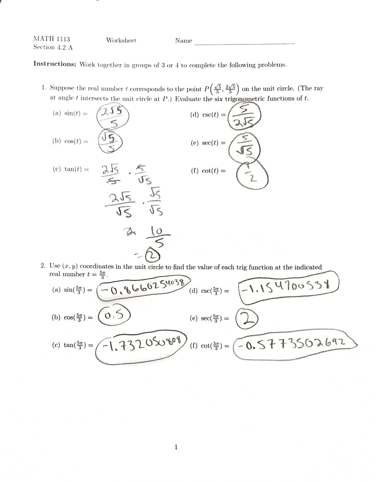 4.2a class - homework. - MATH Worksheet Name Section 4 A Instructions: Work together in groups ...