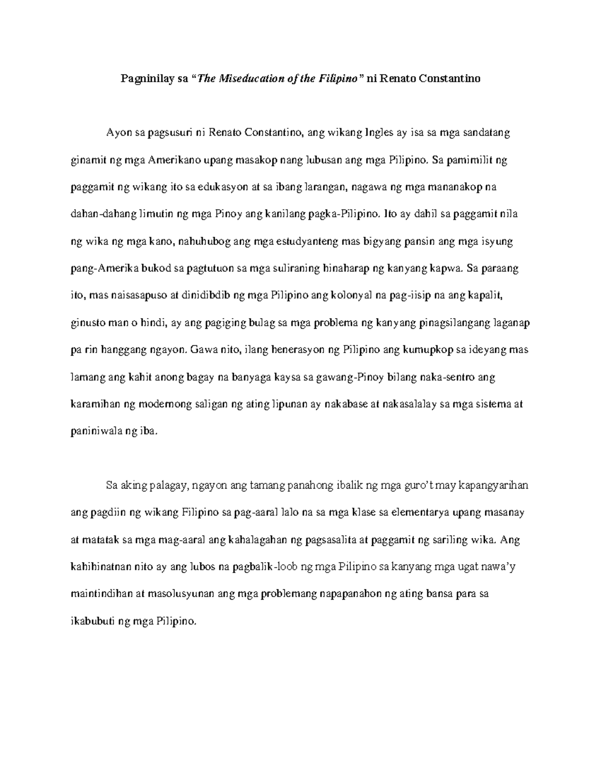 The Miseducation of the Filipino Reflection Paper - Pagninilay sa “ The ...