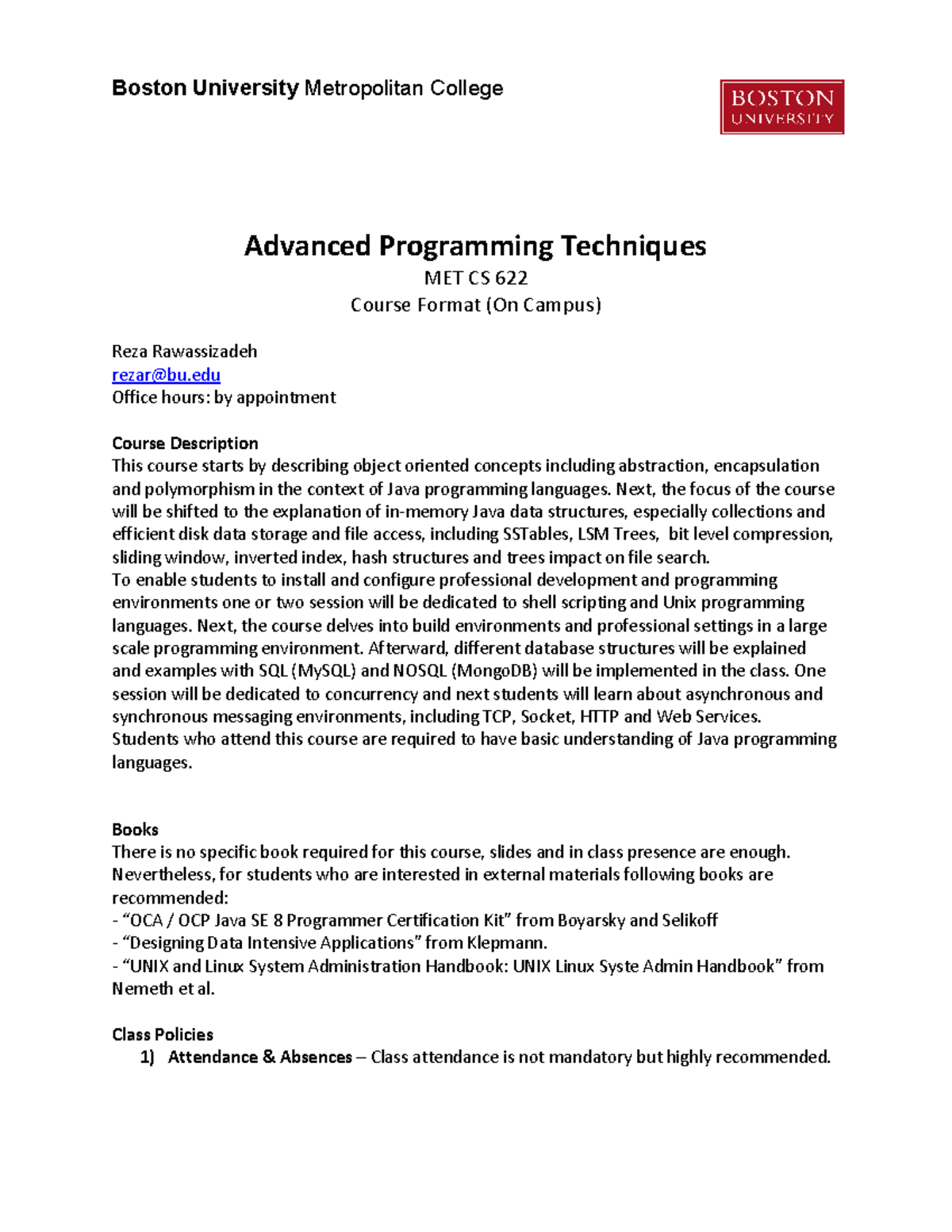 CS622 Syllabus Spring 2020 - Boston University Metropolitan College Advanced Programming ...