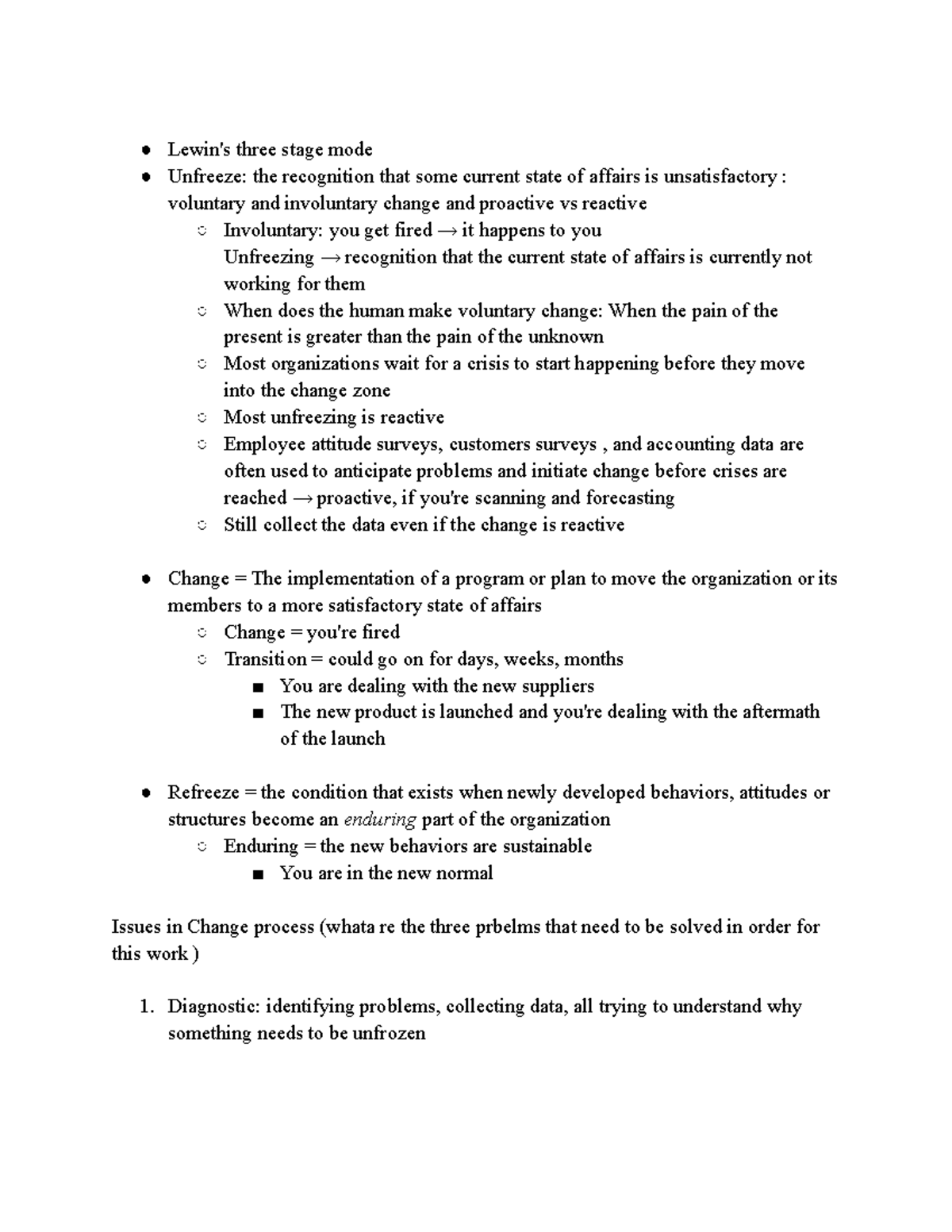 All of chapter 15(organizational Change) - Lewin's three stage mode ...