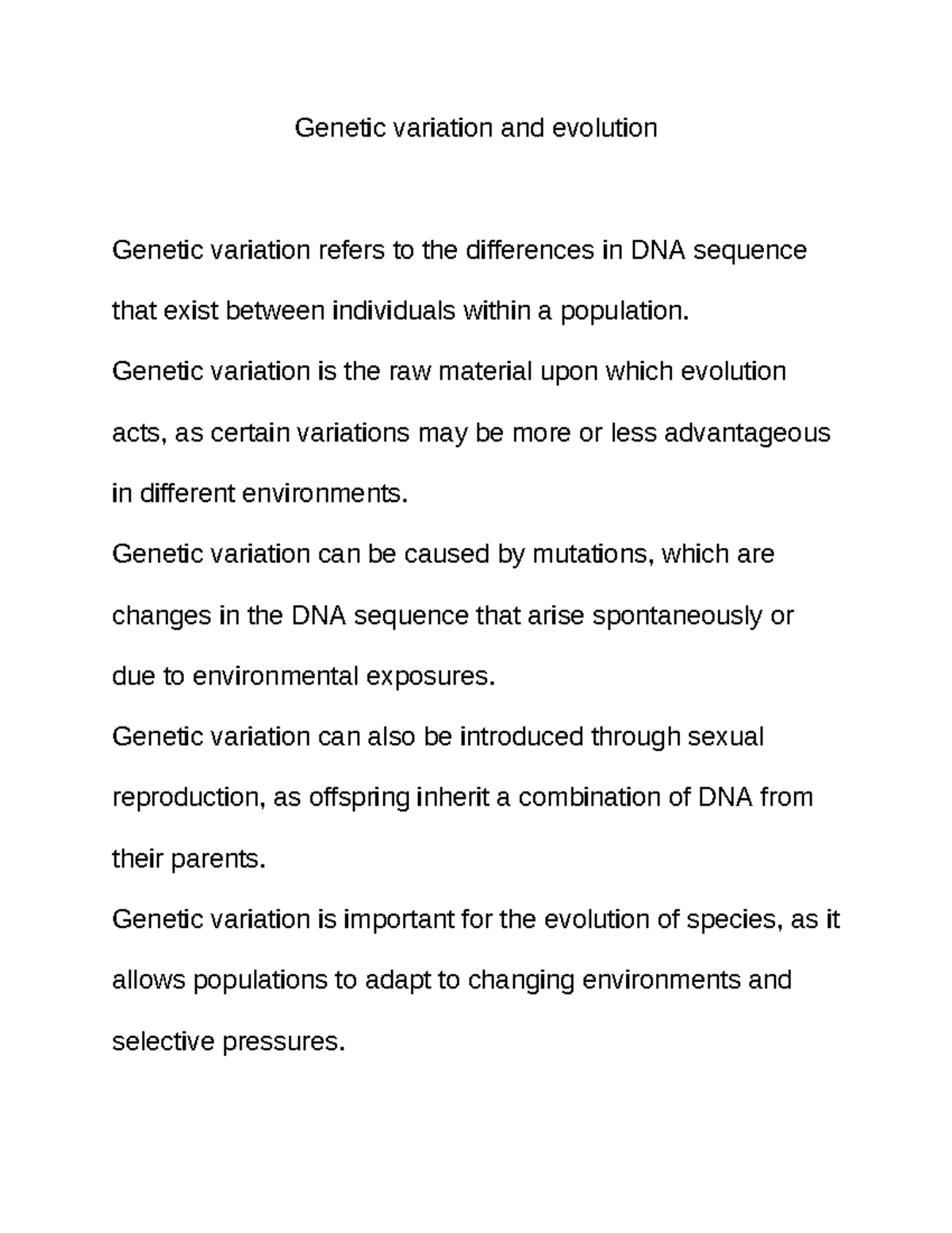 Genetic variation and evolution - Google Docs - Genetic variation and ...