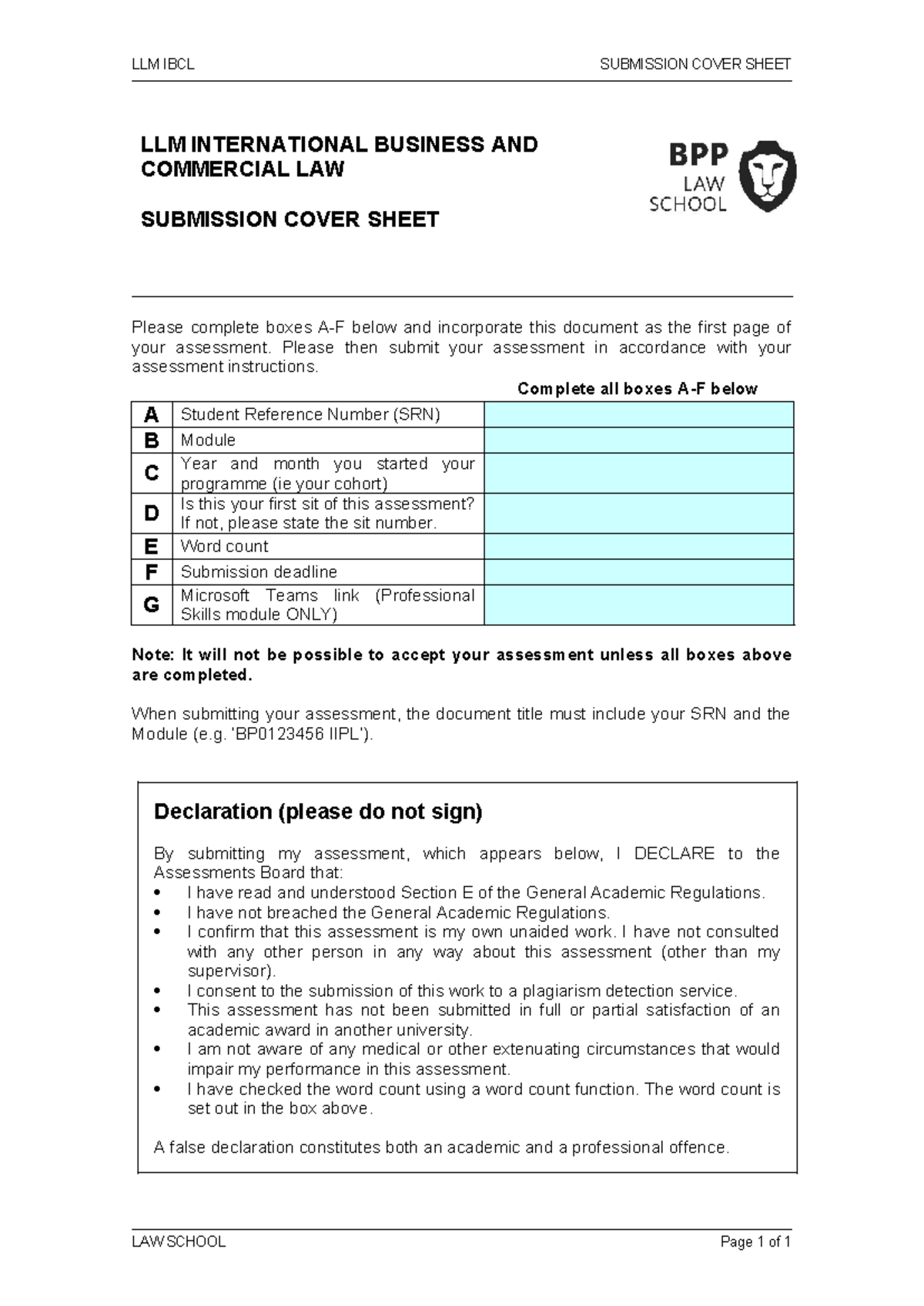 LLM IBCL Submission coversheet - LLM IBCL SUBMISSION COVER SHEET LLM ...