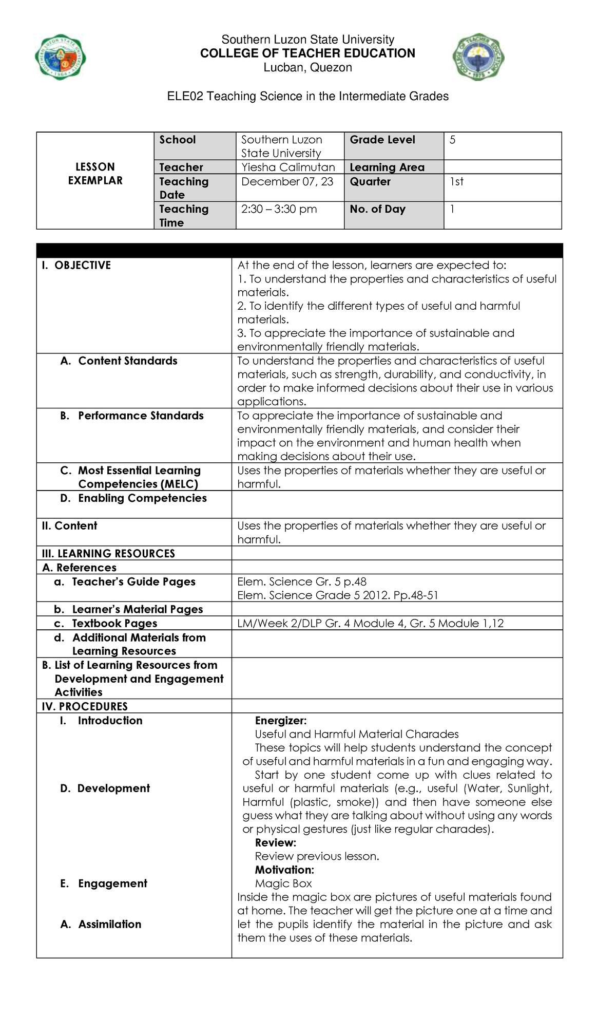 Lesson Exemplar Final Demo Cpcosejo - COLLEGE OF TEACHER EDUCATION ...