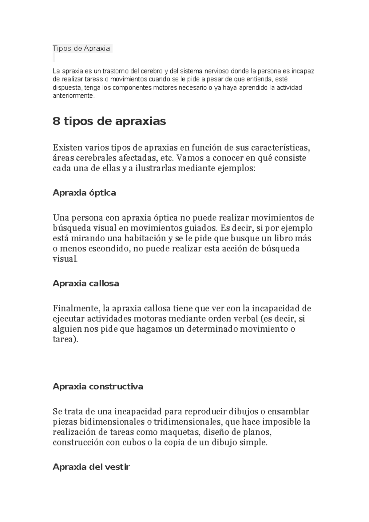 Tipos de Apraxia - 8 tipos de apraxias Existen varios tipos de apraxias ...