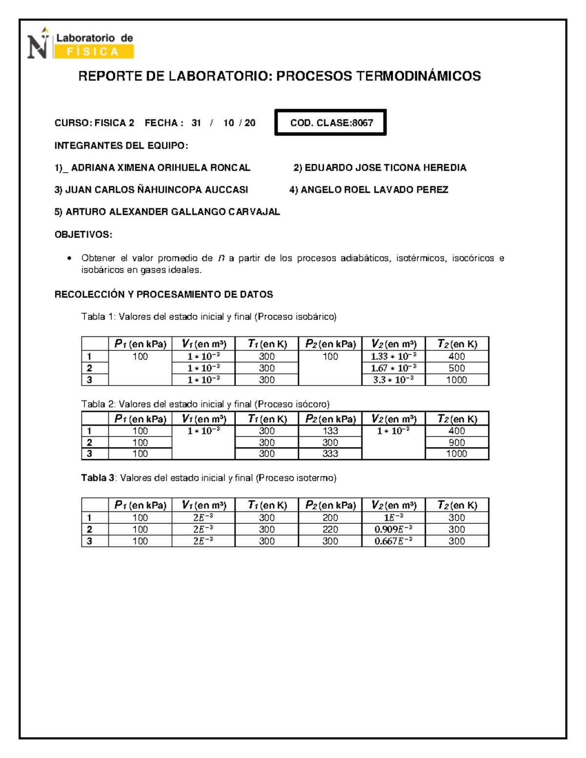 10 Virtual Reporte Procesos Termodinámicos - Warning: TT: undefined function: 32 REPORTE DE ...