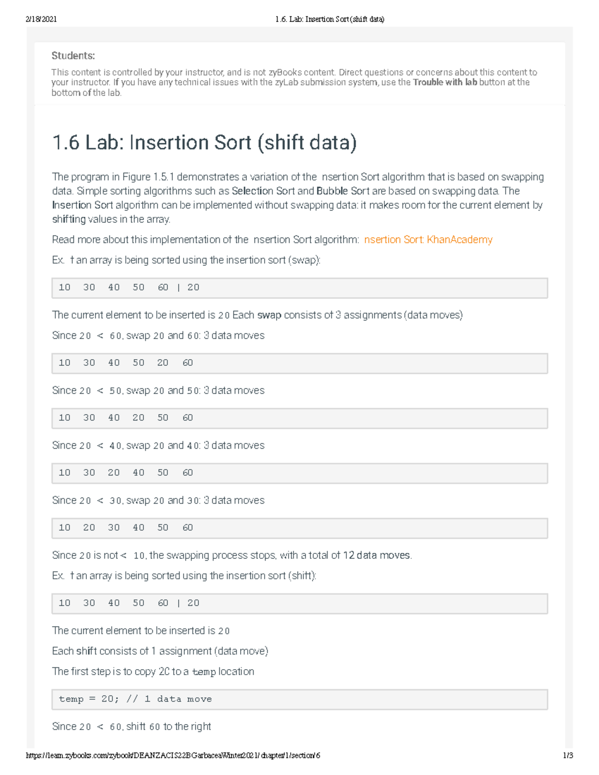 1.6. Lab Insertion Sort (shift data) - 2/18/2021 1. Lab: Insertion Sort (shift data) - Studocu