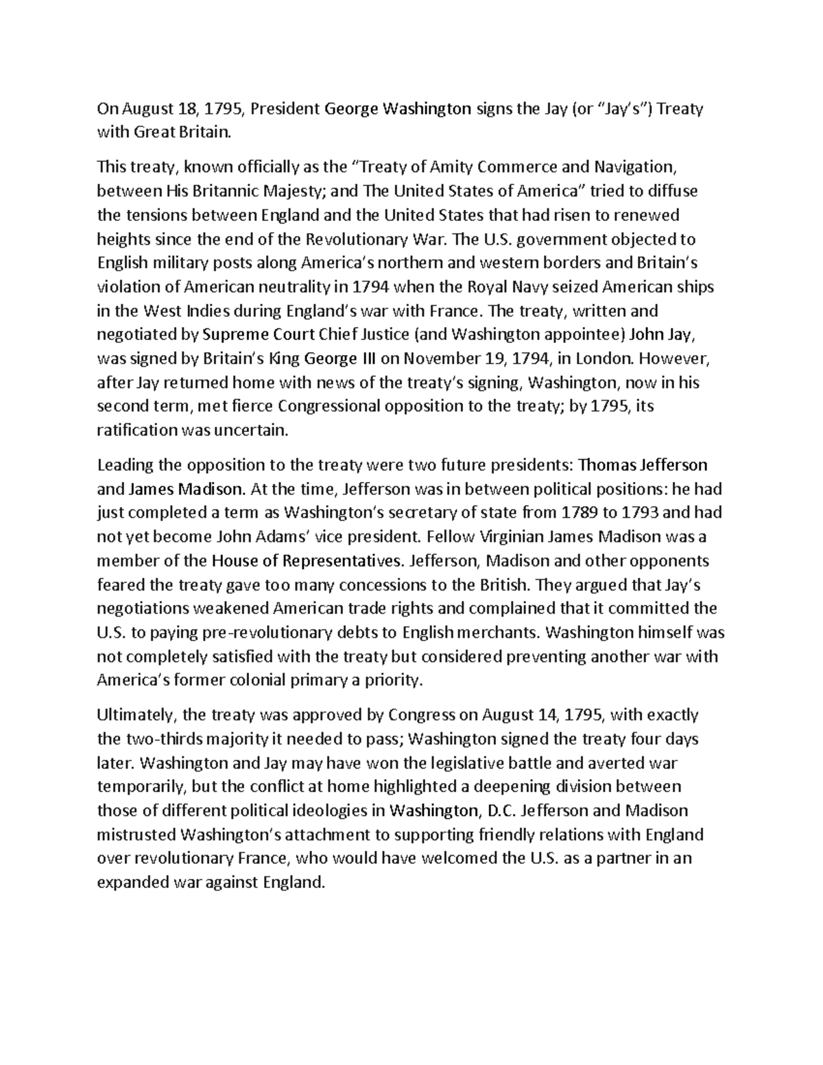 Jay Treaty Notes - On August 18, 1795, President George Washington ...