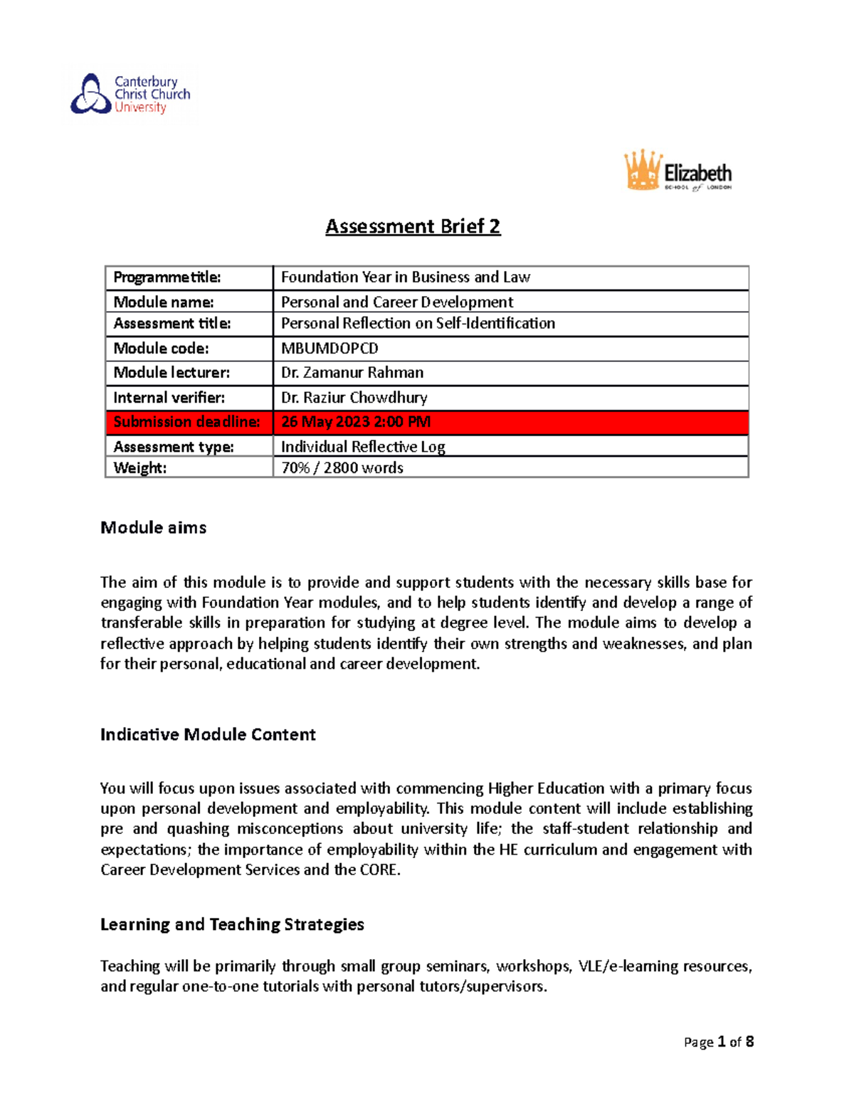 Assessment Brief 2 (PCD) - Assessment Brief 2 Programme title: Foundation Year in Business and ...