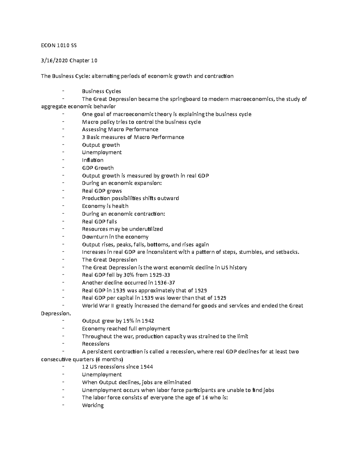 ECON 1010 SS Chapter 10 Notes - ECON 1010 SS 3/16/2020 Chapter 10 The ...