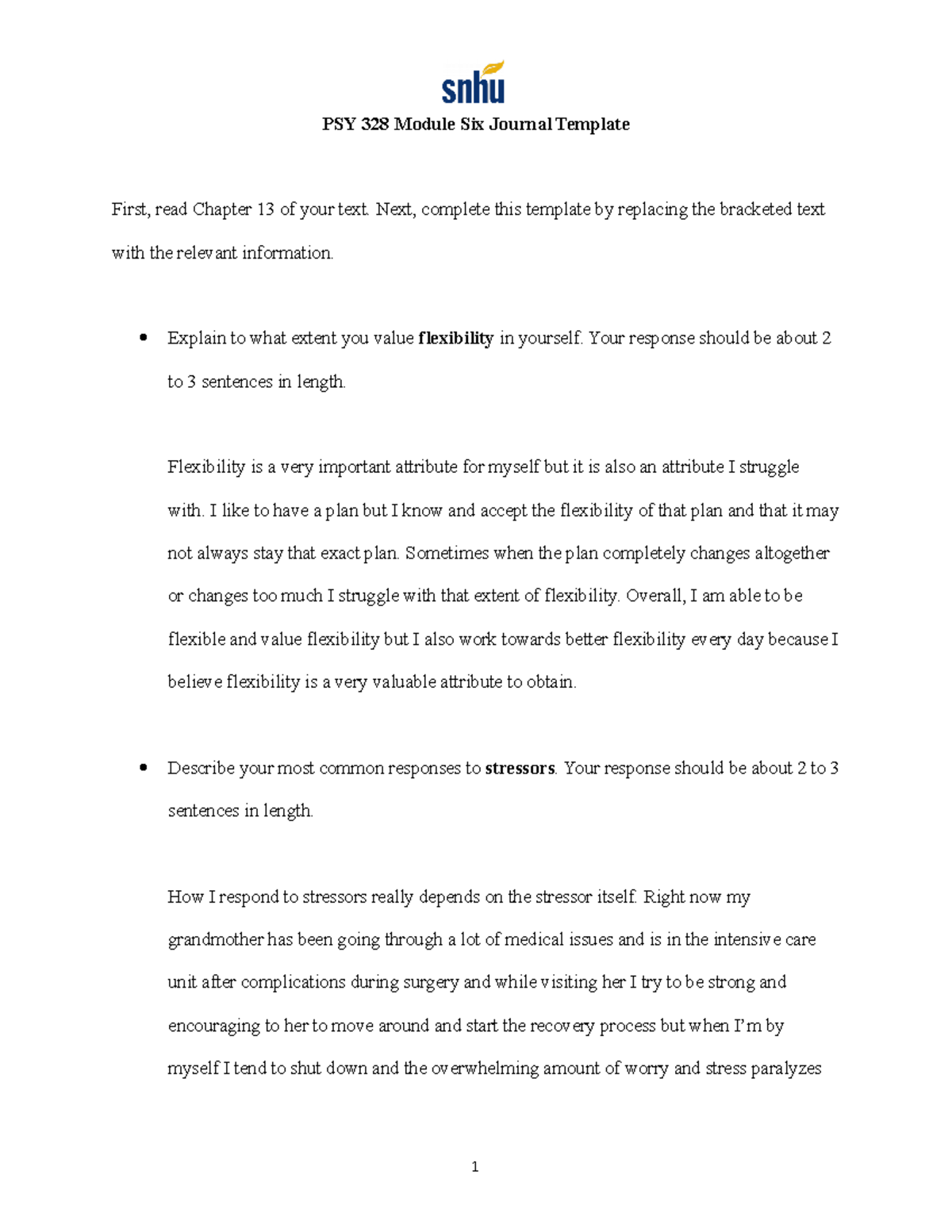 PSY 328 Module Six Journal - Next, complete this template by replacing the bracketed text with ...