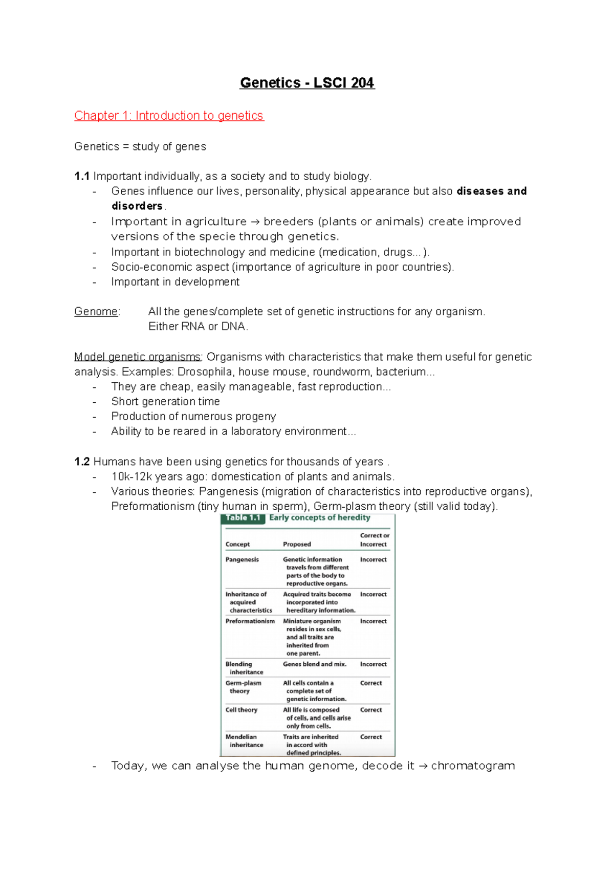 LSCI 204 Midterm 1 notes - Genetics - LSCI 204 Chapter 1: Introduction ...