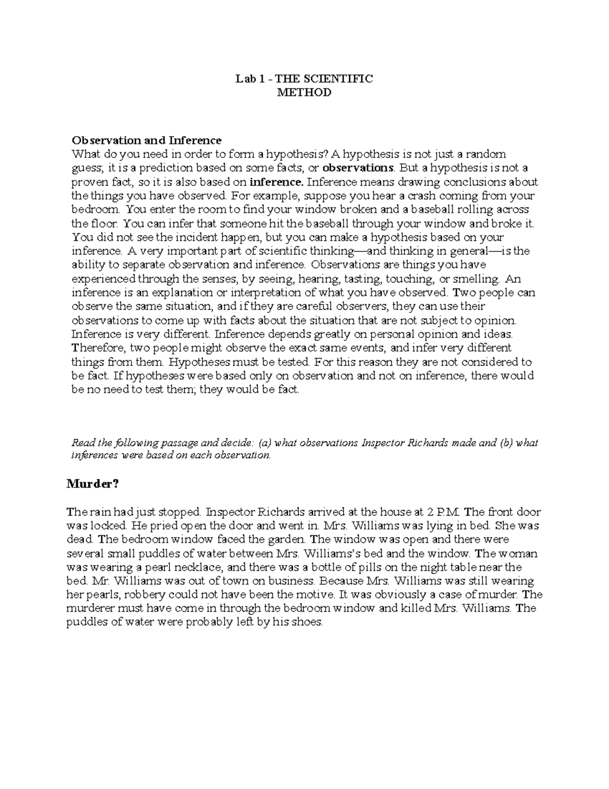 GEOL 1101 Lab 1 - Lab 1 - THE SCIENTIFIC METHOD Observation and ...