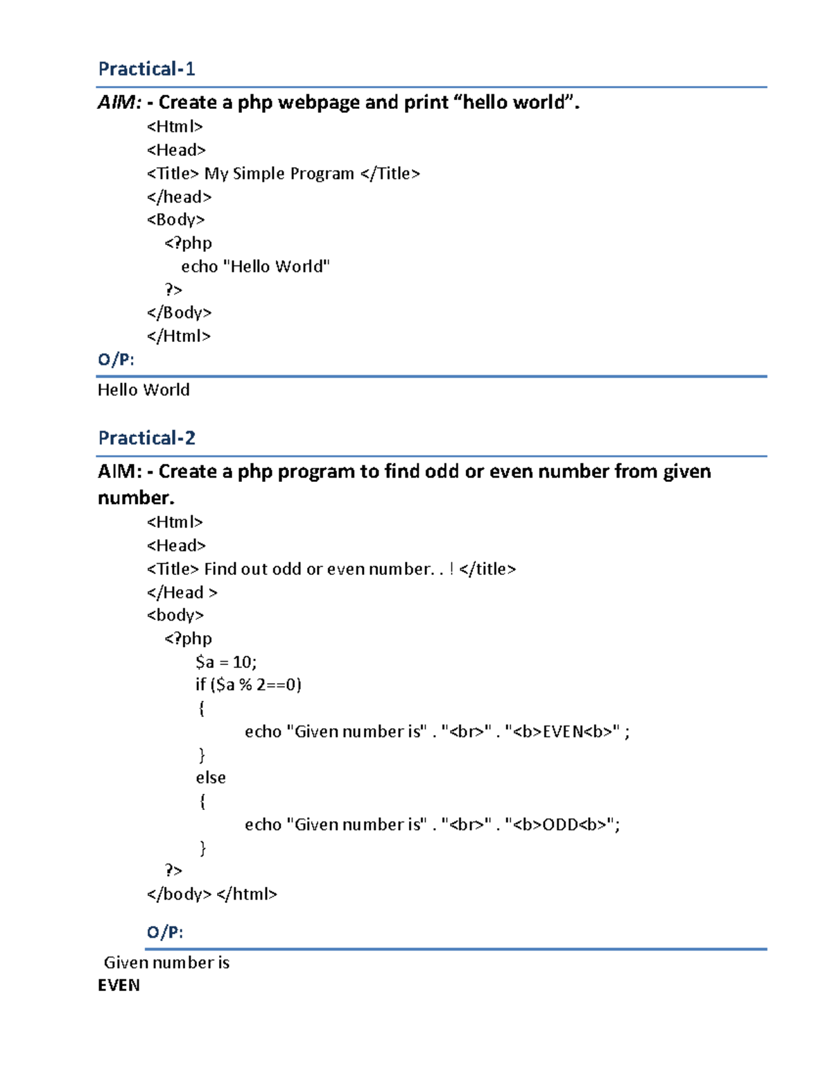 PHP Solved - Practical- AIM: - Create a php webpage and print “hello ...
