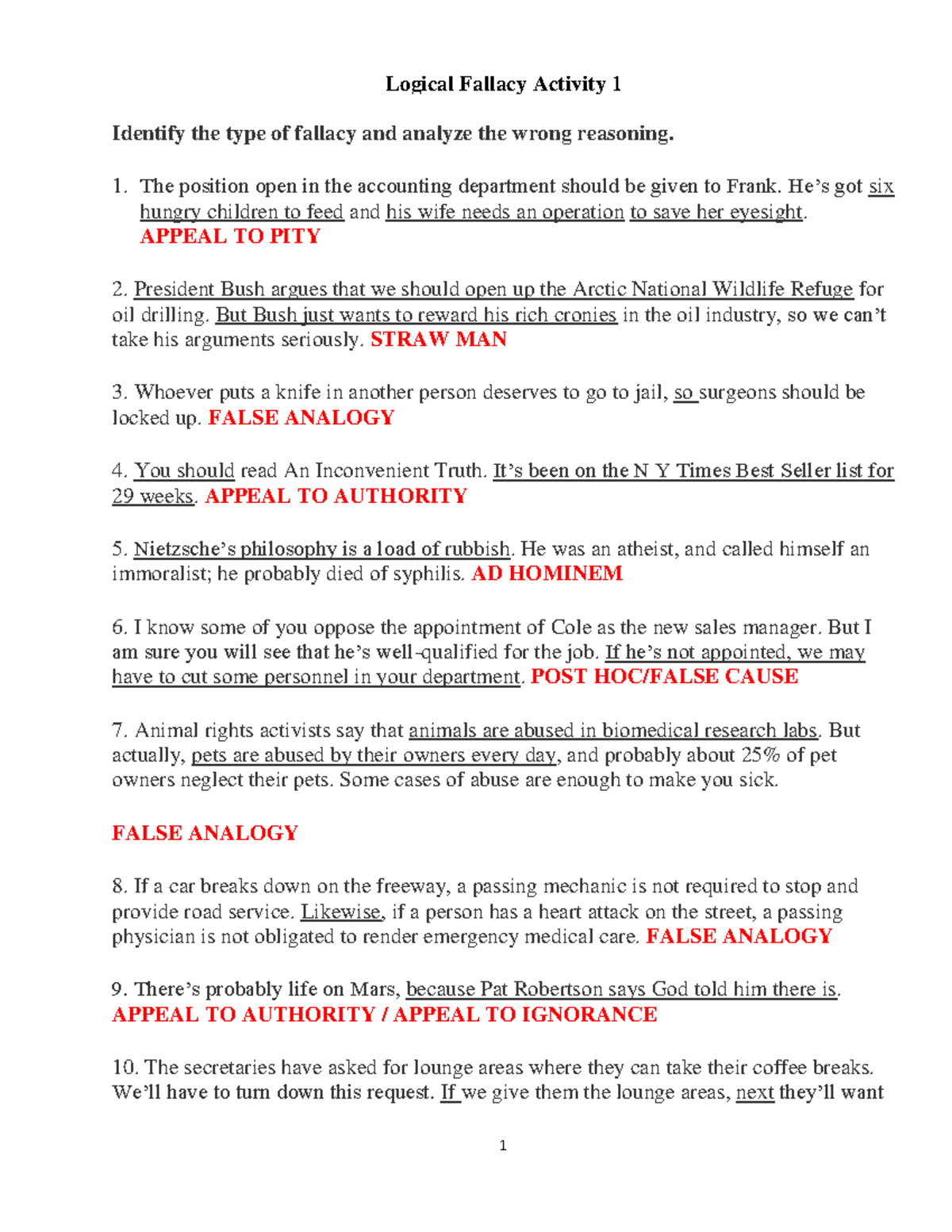 Fallacies Practice types of fallacies used - 1 Logical Fallacy Activity ...
