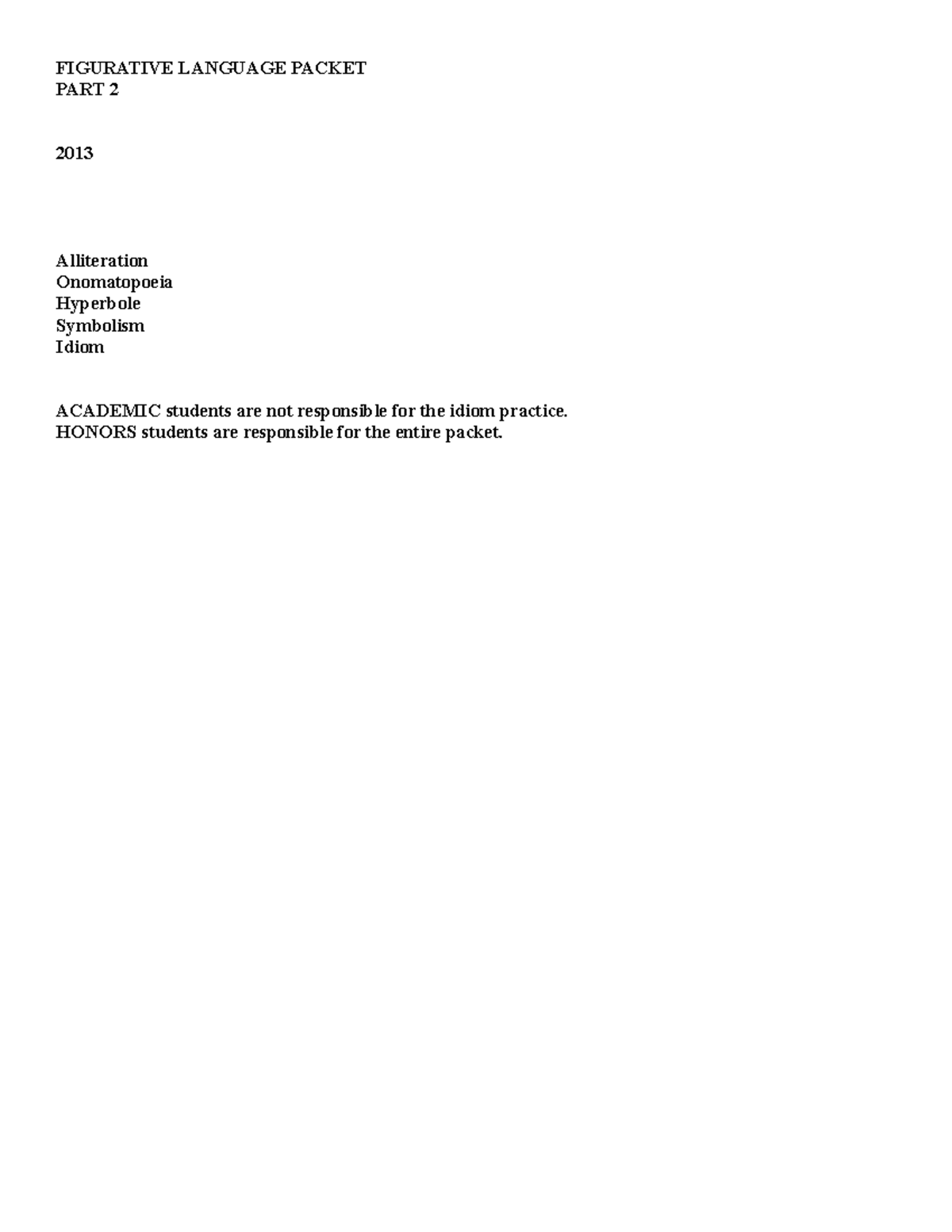 Fig Lang Packet 2 2013-2014 - FIGURATIVE LANGUAGE PACKET PART 2 2013 ...