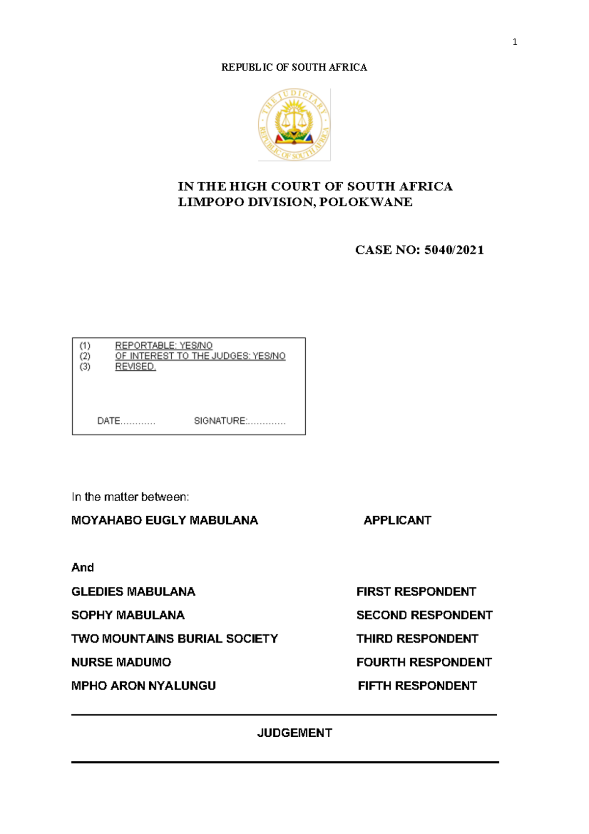 case law of Mabulana v Mabulana - REPUBLIC OF SOUTH AFRICA IN THE HIGH ...