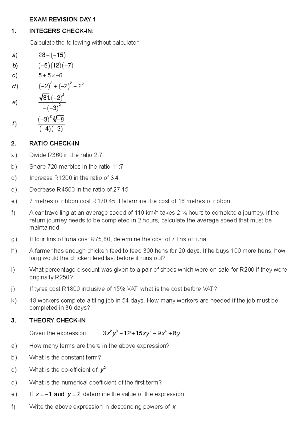 EXAM Revision Grade 9 Friends - 1. INTEGERS CHECK-IN: Calculate the ...