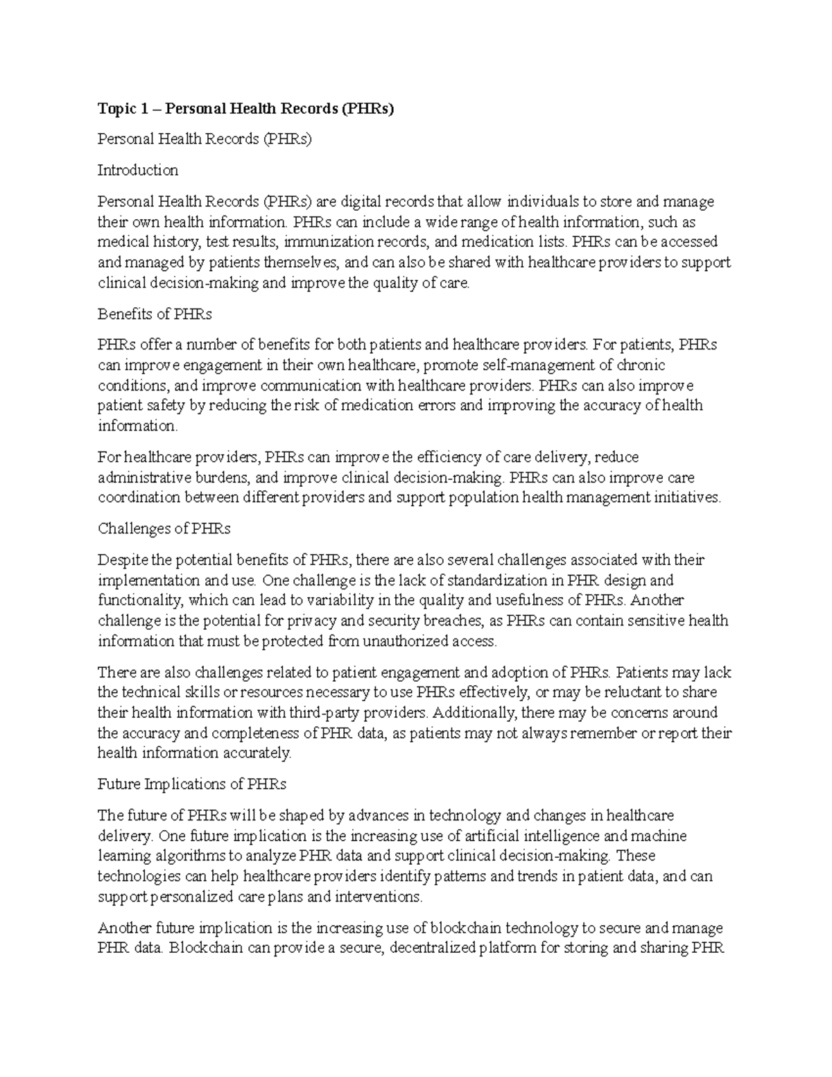 Topic 1 – Personal Health Records (PHRs) - Topic 1 – Personal Health ...