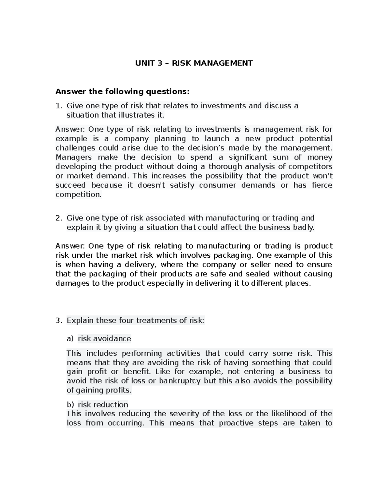 Activity on Risk Management - UNIT 3 – RISK MANAGEMENT Answer the ...