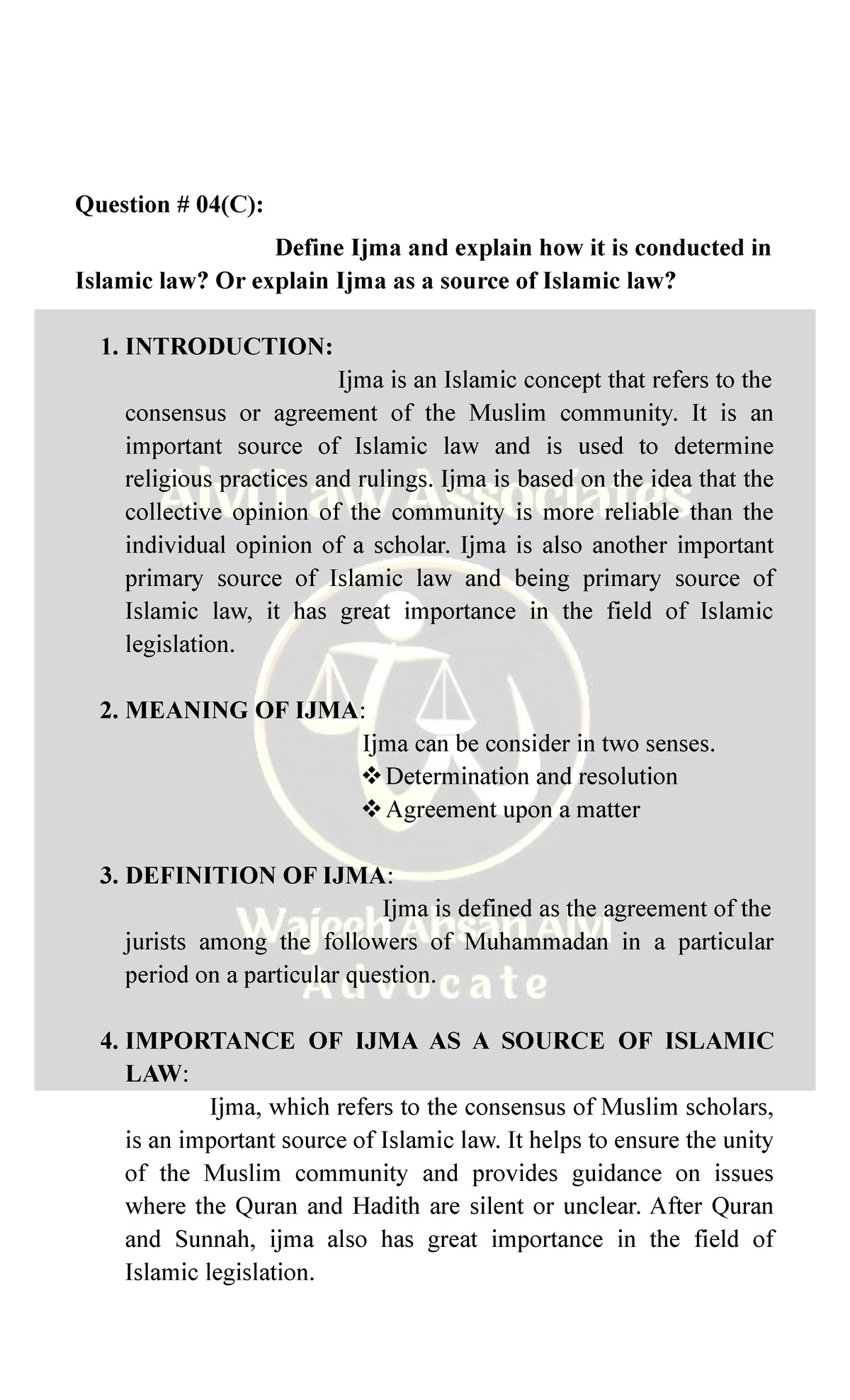 Ijmaa - islamic jurisprudence - Question # 04(C): Define Ijma and ...