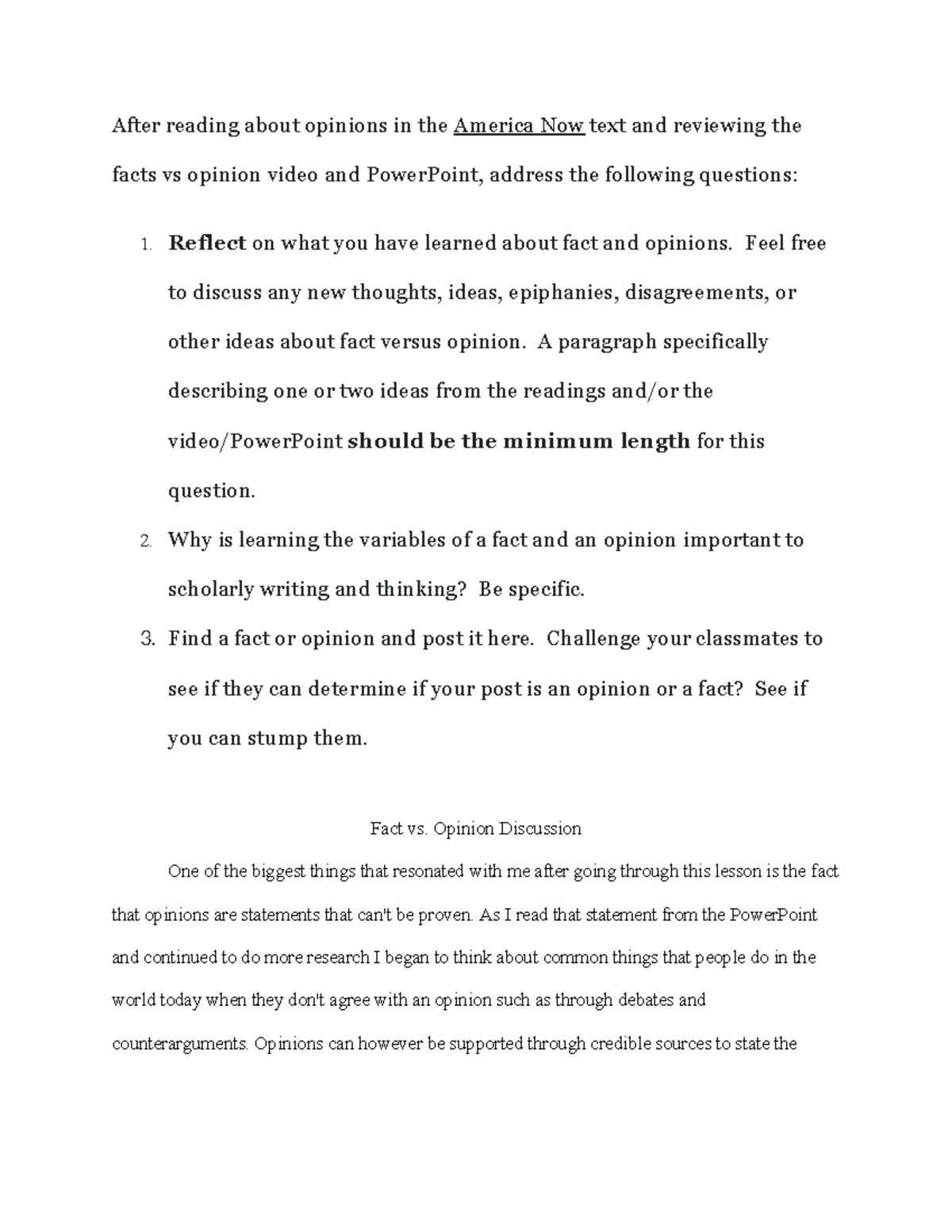 Fact vs. Opinion - After reading about opinions in the America Now text ...
