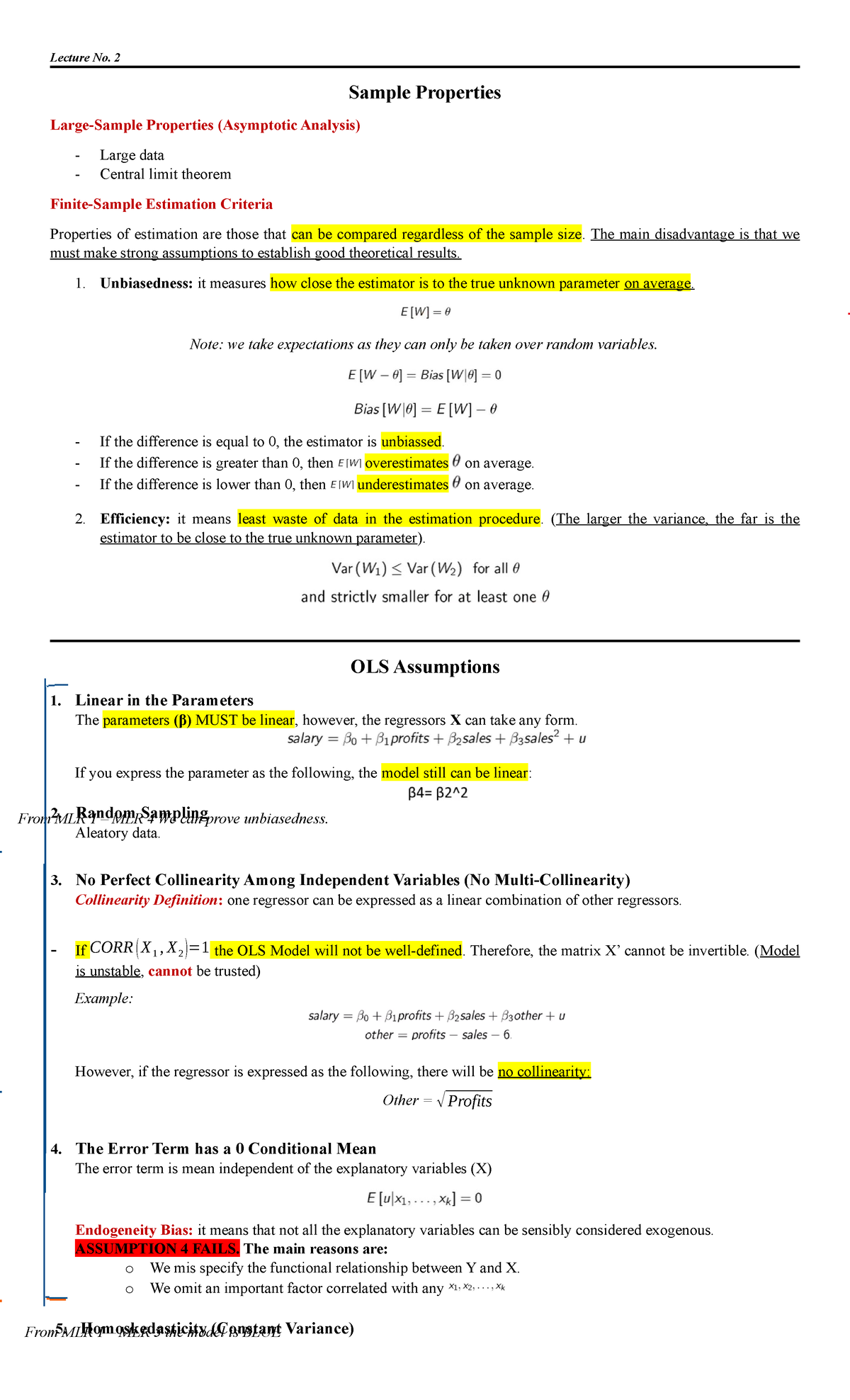 Finite-Sample Estimation Criteria - Lecture No. 2 Sample Properties ...