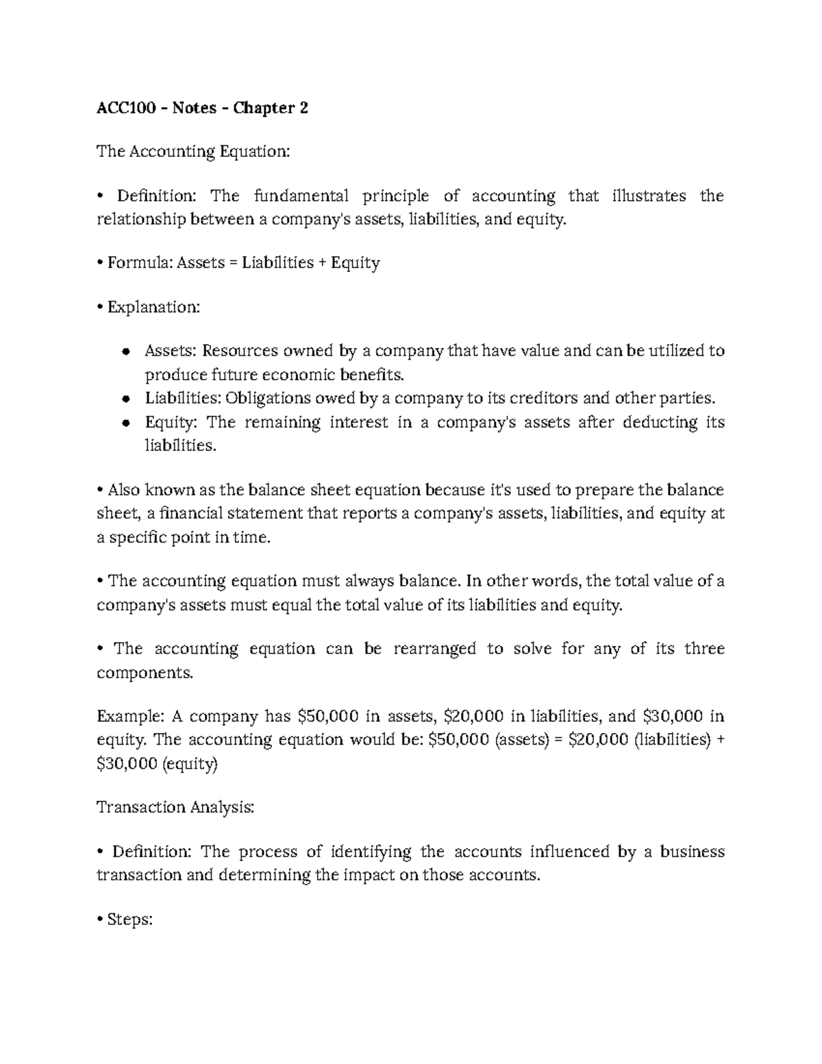 ACC100 - Notes - Chapter 2 - Formula: Assets = Liabilities + Equity ...