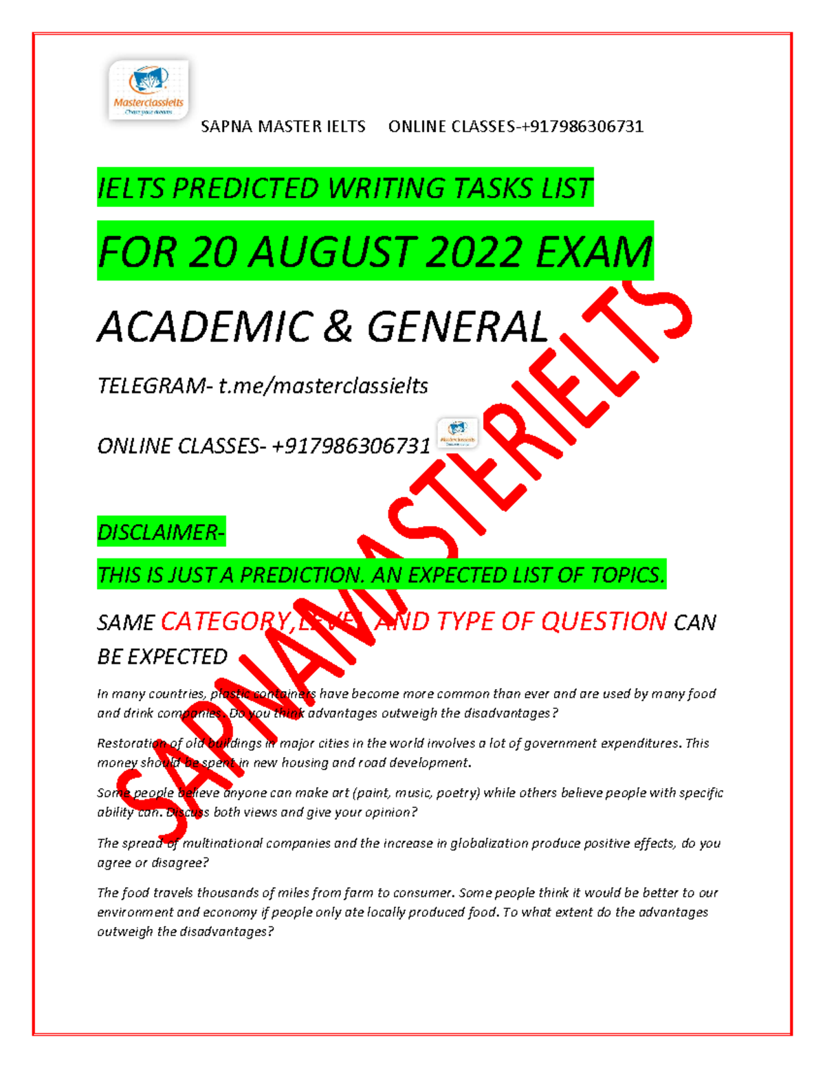 20 August WT2 Prediction - IELTS PREDICTED WRITING TASKS LIST FOR 20 ...