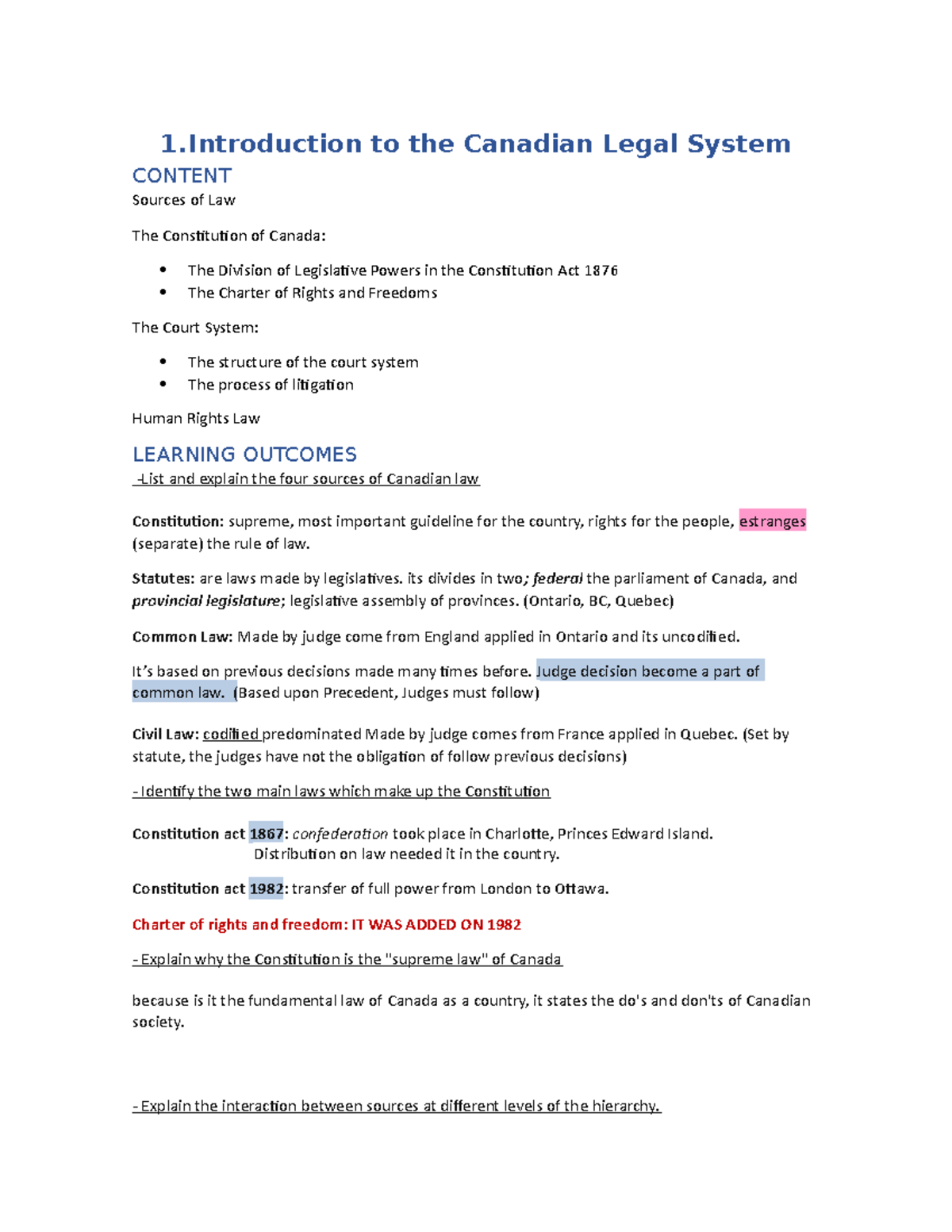 MIDTERM 2019, questions and answers - 1 to the Canadian Legal System ...