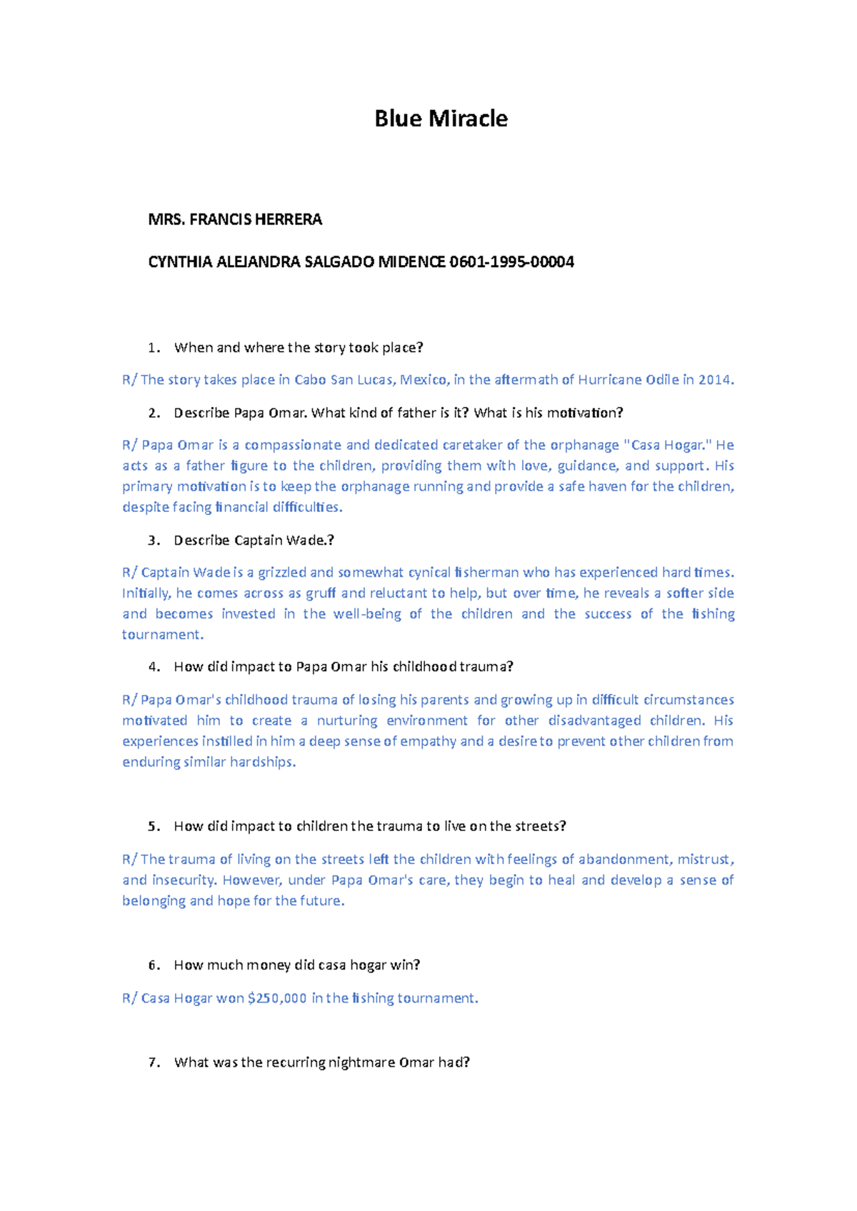 Blue Miracle Questions 5 - Blue Miracle MRS. FRANCIS HERRERA CYNTHIA ...
