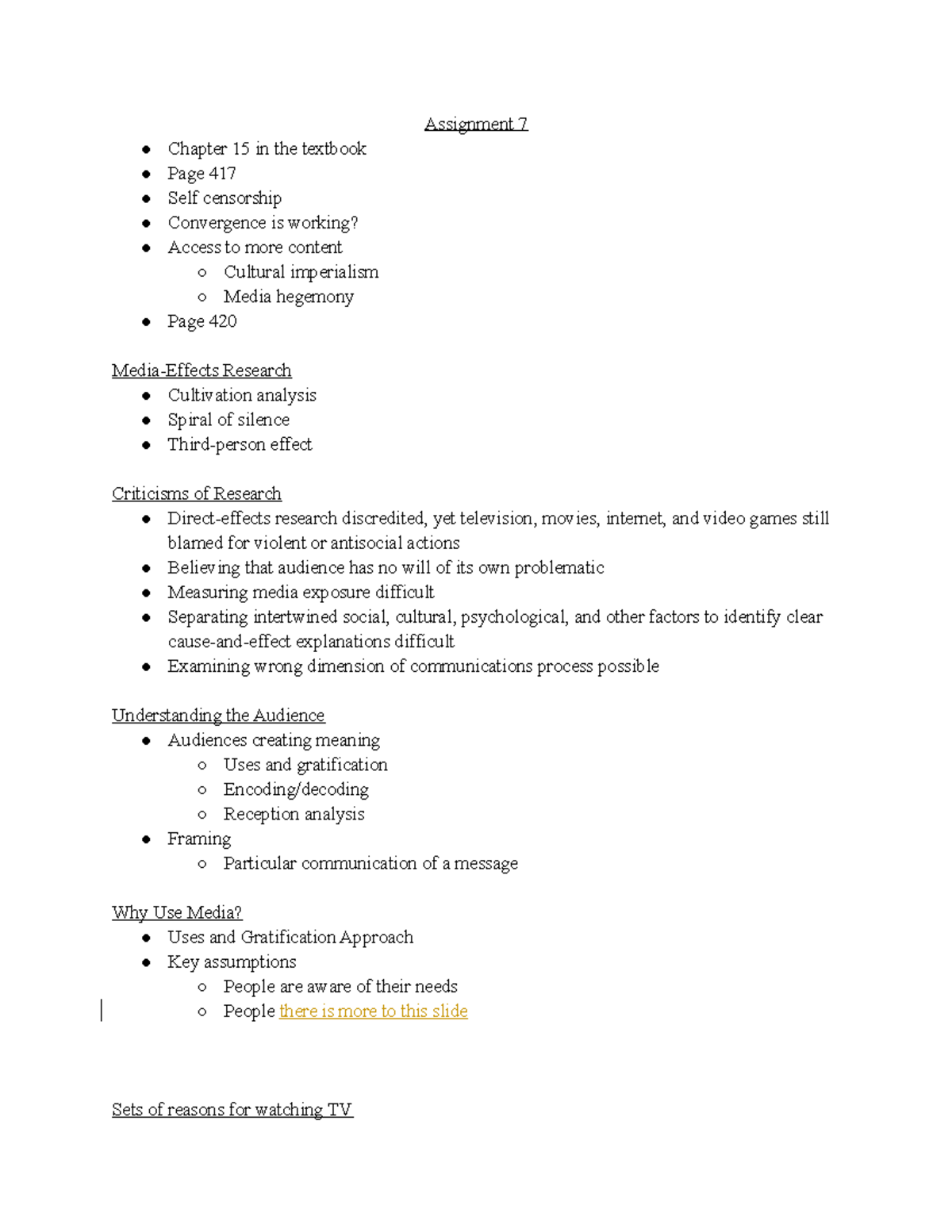 Media Studies 5 13 - class notes - Assignment 7 Chapter 15 in the ...