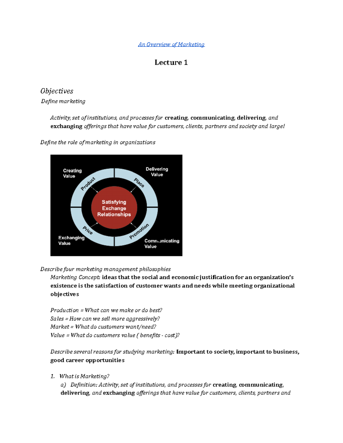 Marketing Study Guide - An Overview of Marketing Lecture 1 Objectives ...